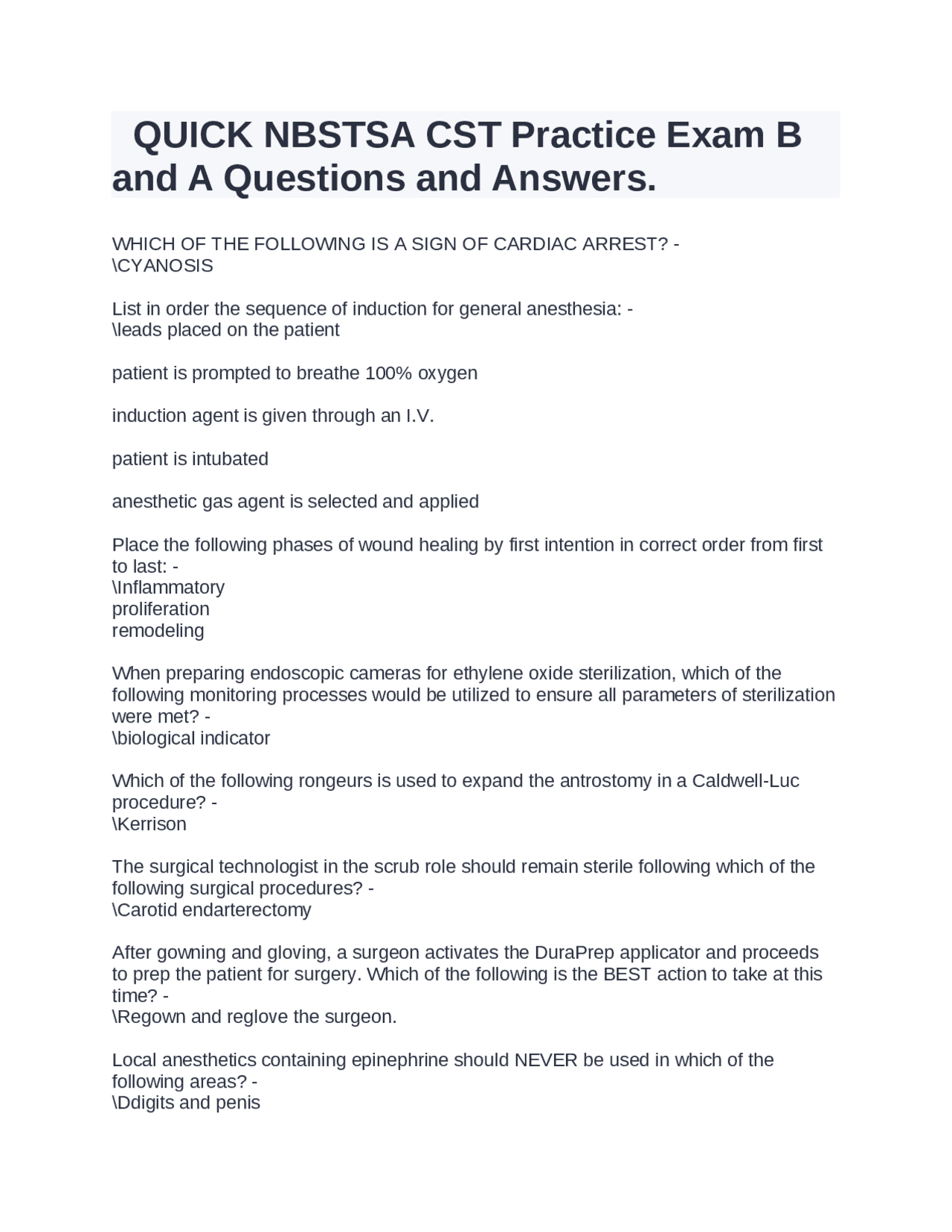 QUICK NBSTSA CST Practice Exam B and A Questions and Answers. | Exams ...