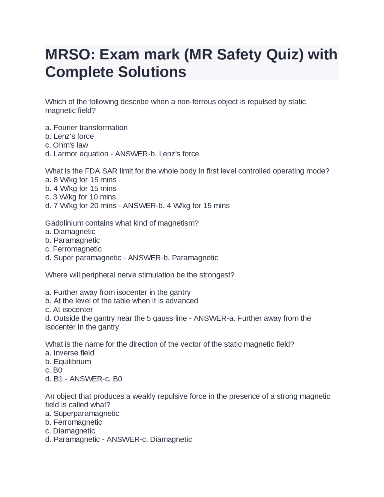 MRSO: Exam mark (MR Safety Quiz) with Complete Solutions | Exams ...