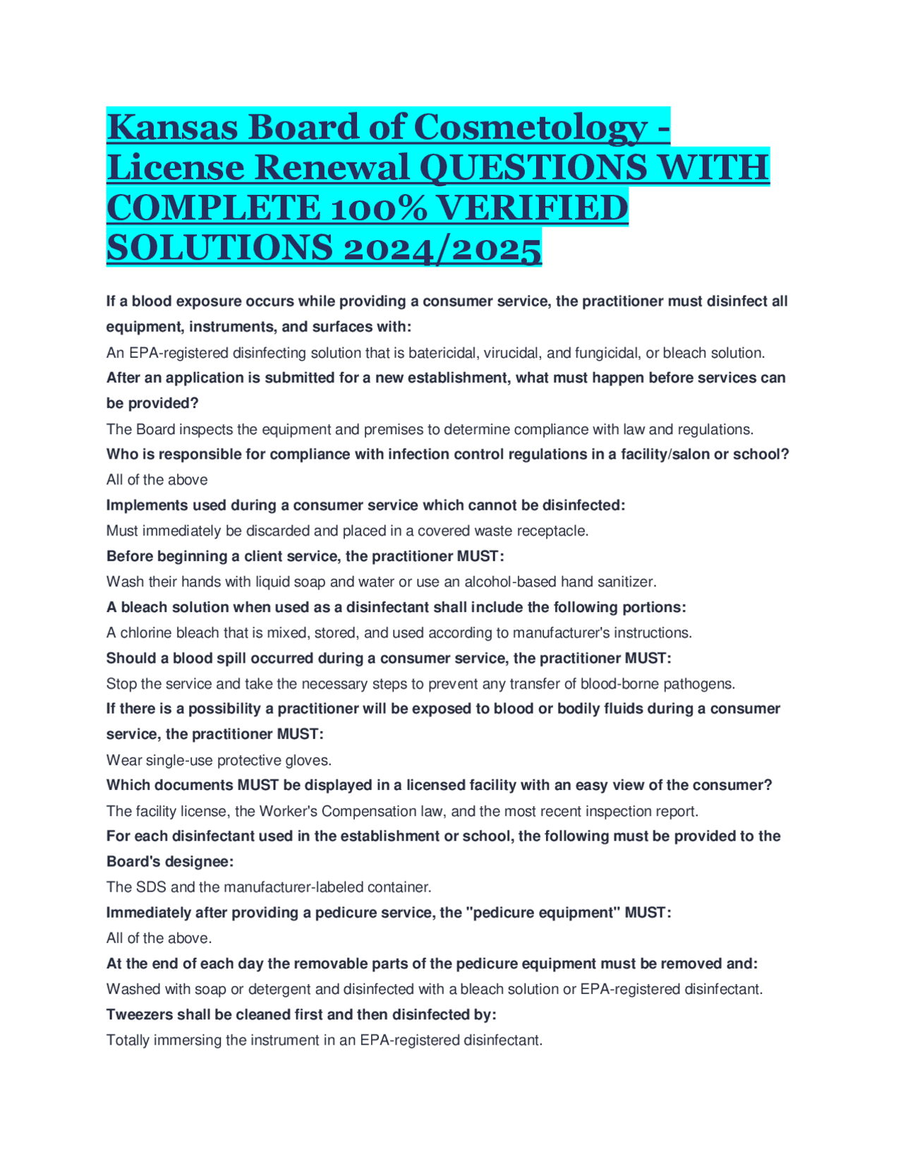Kansas Board of Cosmetology - License Renewal QUESTIONS WITH COMPLETE 100% VERIFIED SOLUTI ...