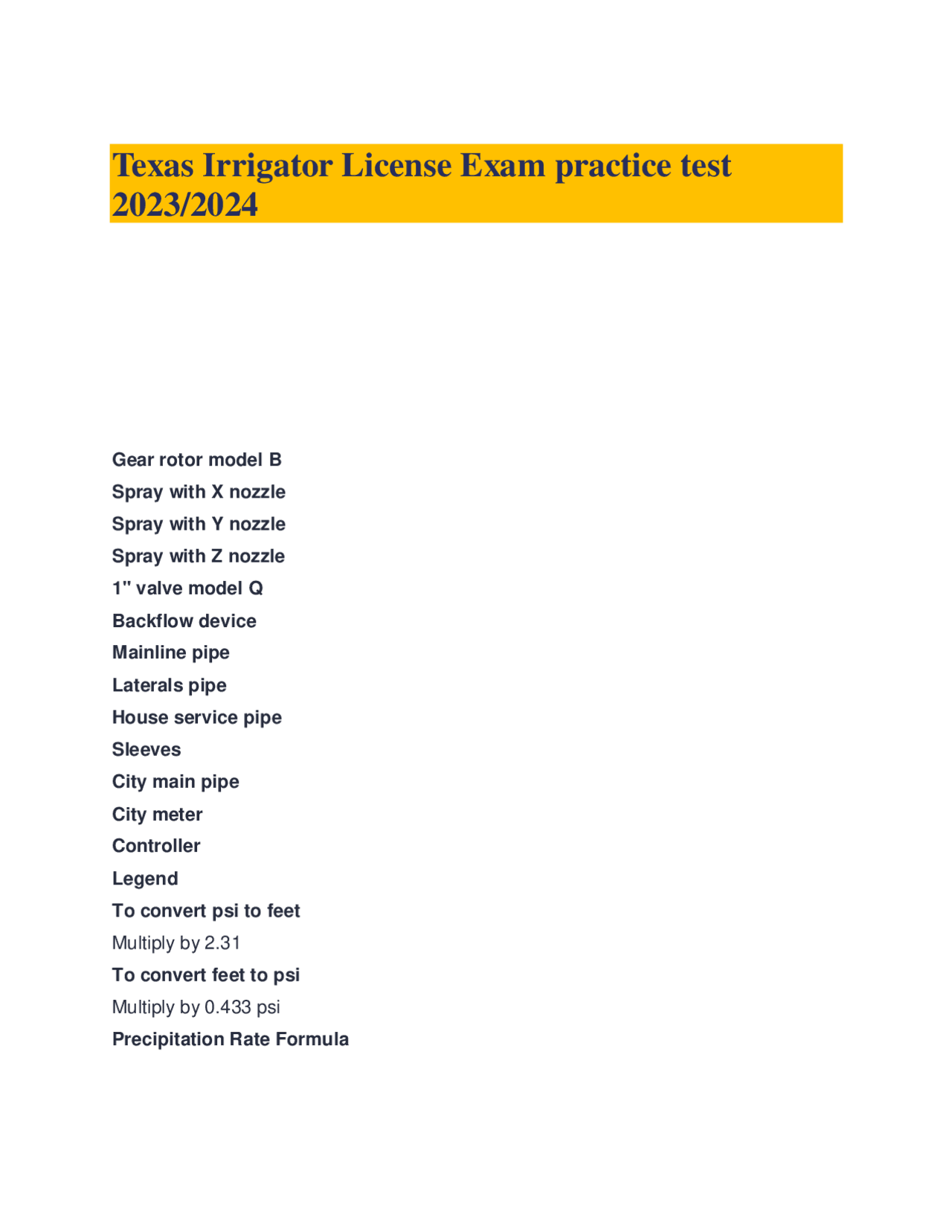 Texas Irrigator License Exam practice test 2023/2024 | Study Guides ...