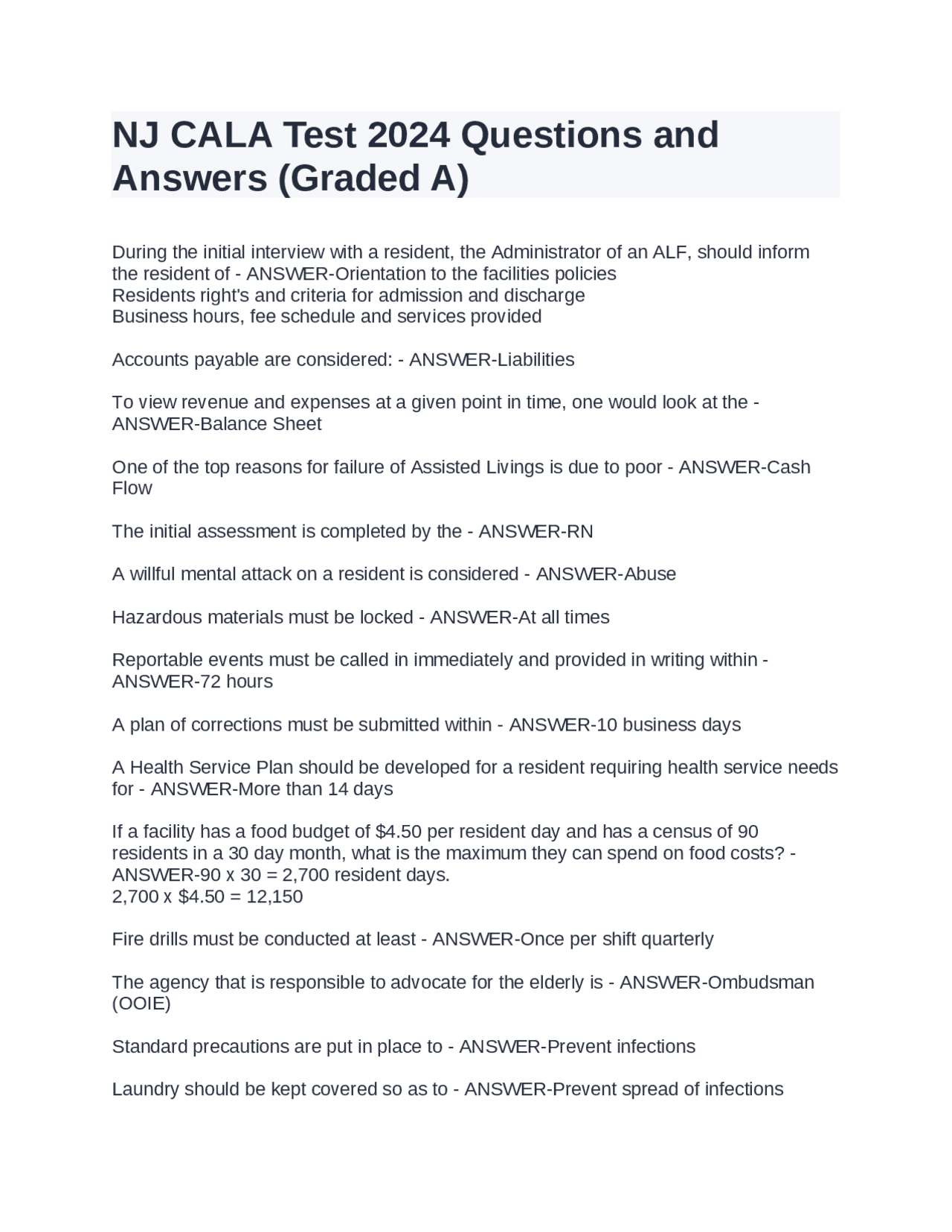 NJ CALA Test 2024 Questions and Answers (Graded A) | Exams Public ...