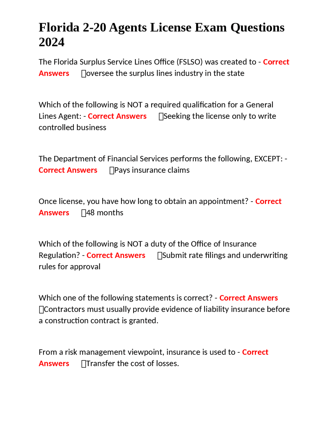 Florida 2-20 Agents License Exam Questions 2024 | Exams Nursing | Docsity