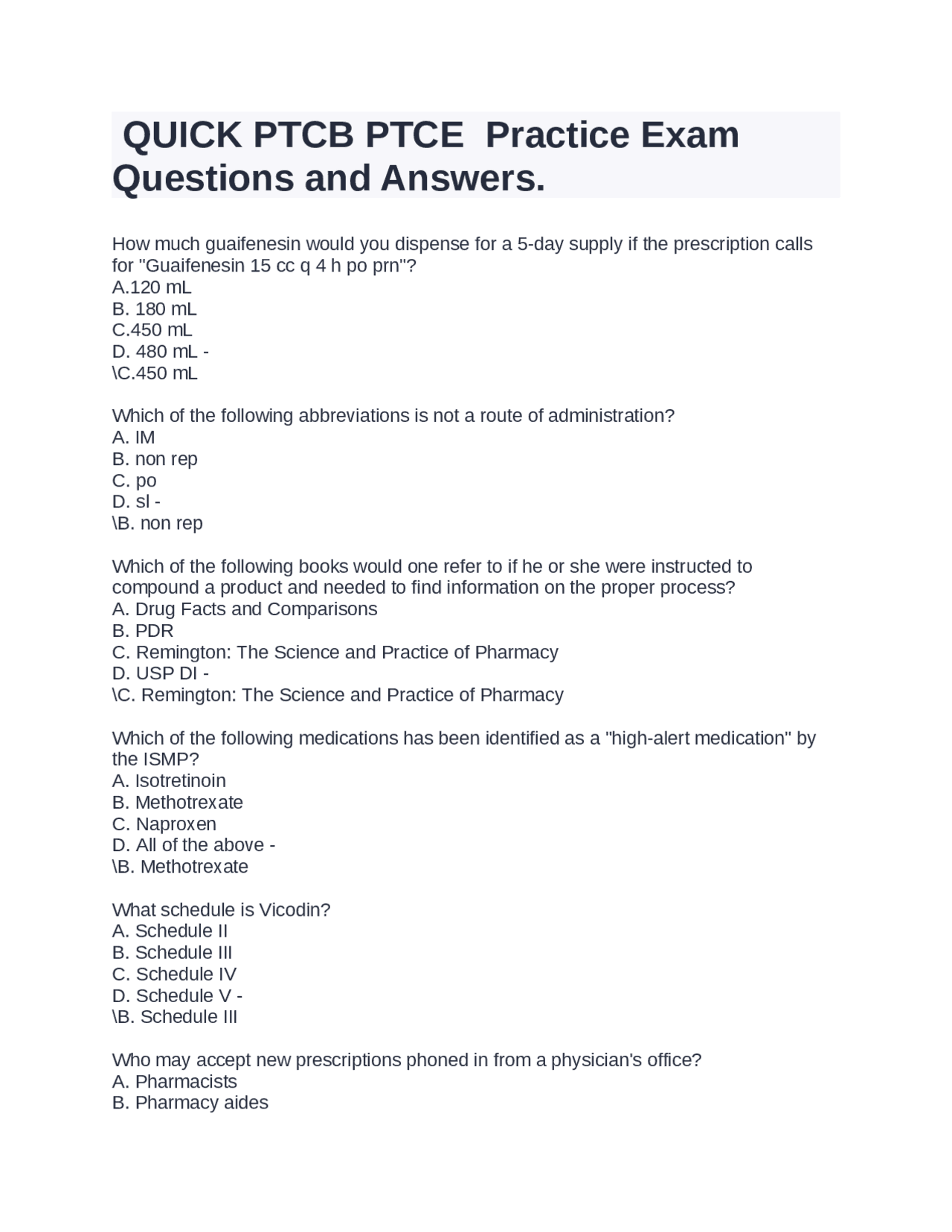 QUICK PTCB PTCE Practice Exam Questions and Answers | Exams Medicine ...