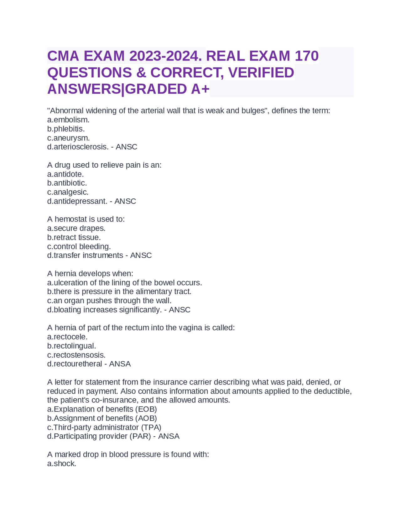 CMA EXAM 2023-2024. REAL EXAM 170 QUESTIONS & CORRECT, VERIFIED ANSWERS ...