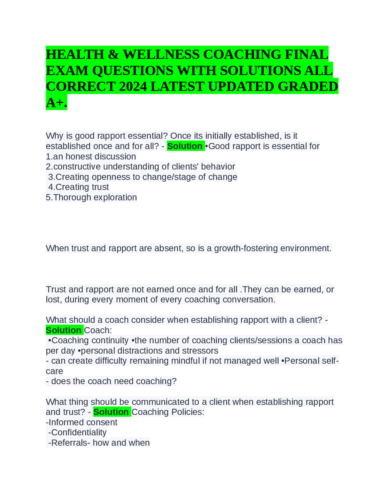HEALTH & WELLNESS COACHING FINAL EXAM QUESTIONS WITH SOLUTIONS ALL ...