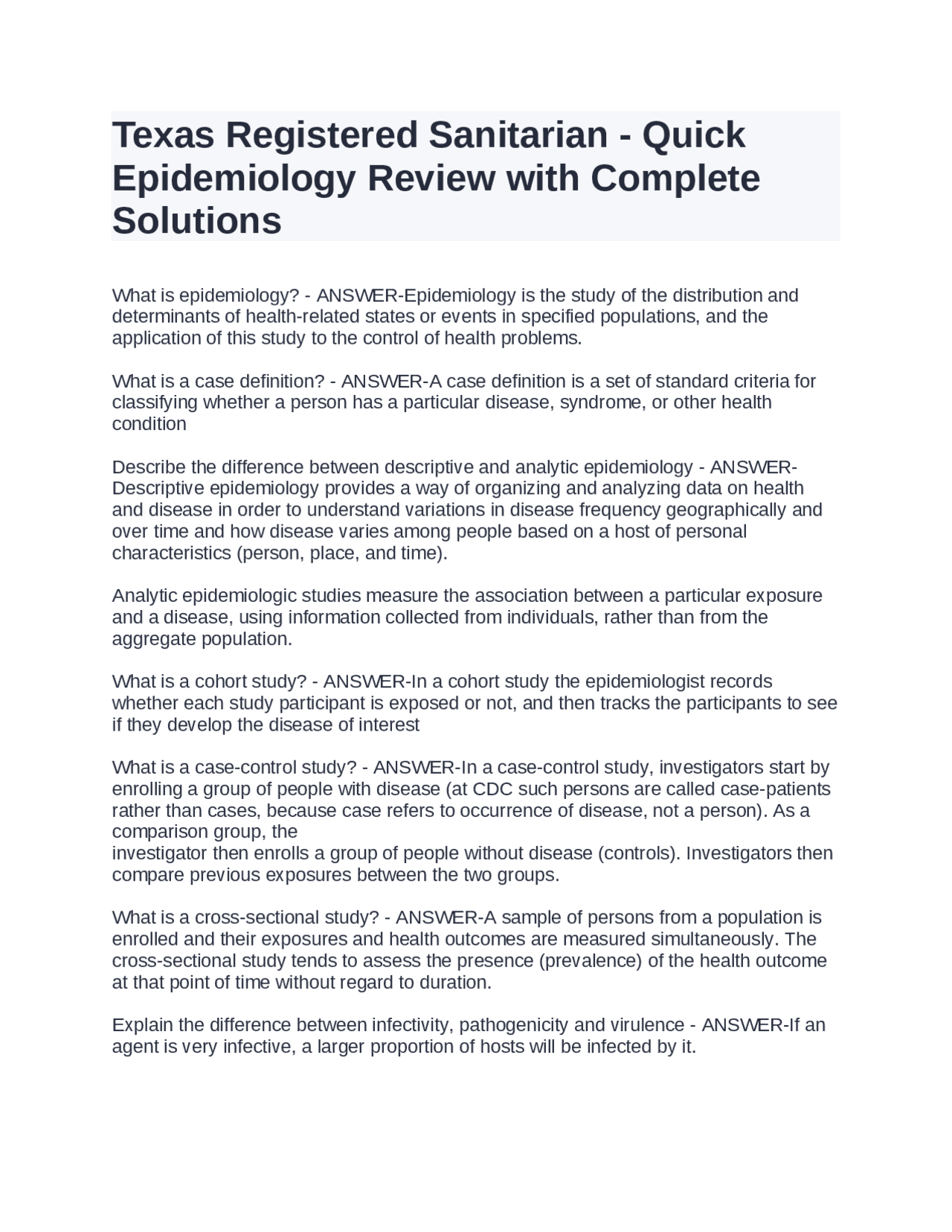 Texas Registered Sanitarian - Quick Epidemiology Review with Complete ...