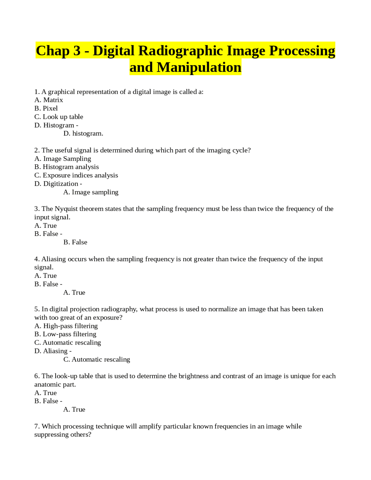 Chap 3 - Digital Radiographic Image Processing and Manipulation | Exams Radiography | Docsity
