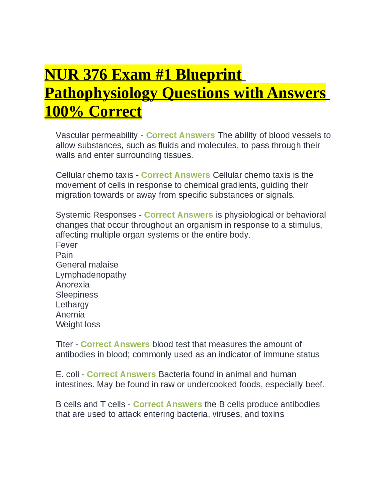 NUR 376 Exam #1 Blueprint Pathophysiology Questions with Answers 100% ...