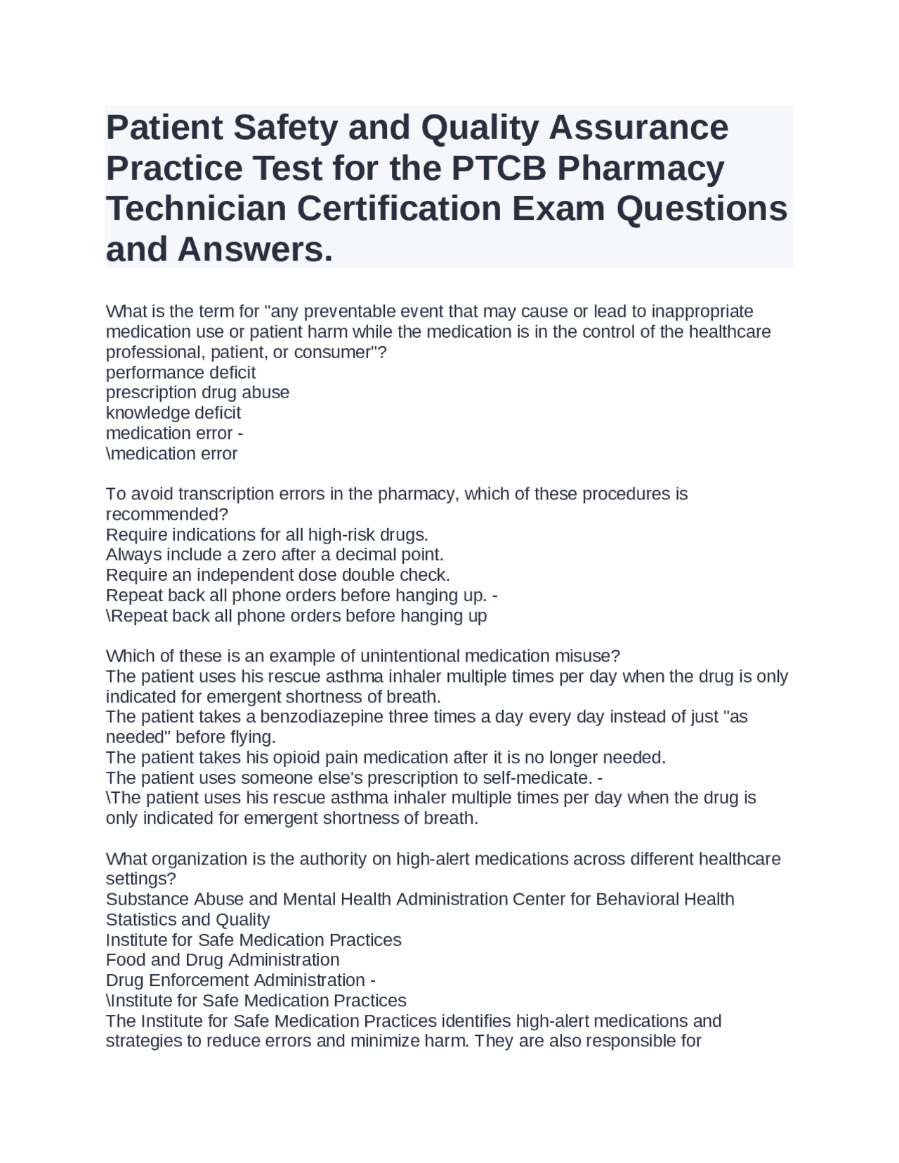 Patient Safety and Quality Assurance Practice Test for the PTCB ...