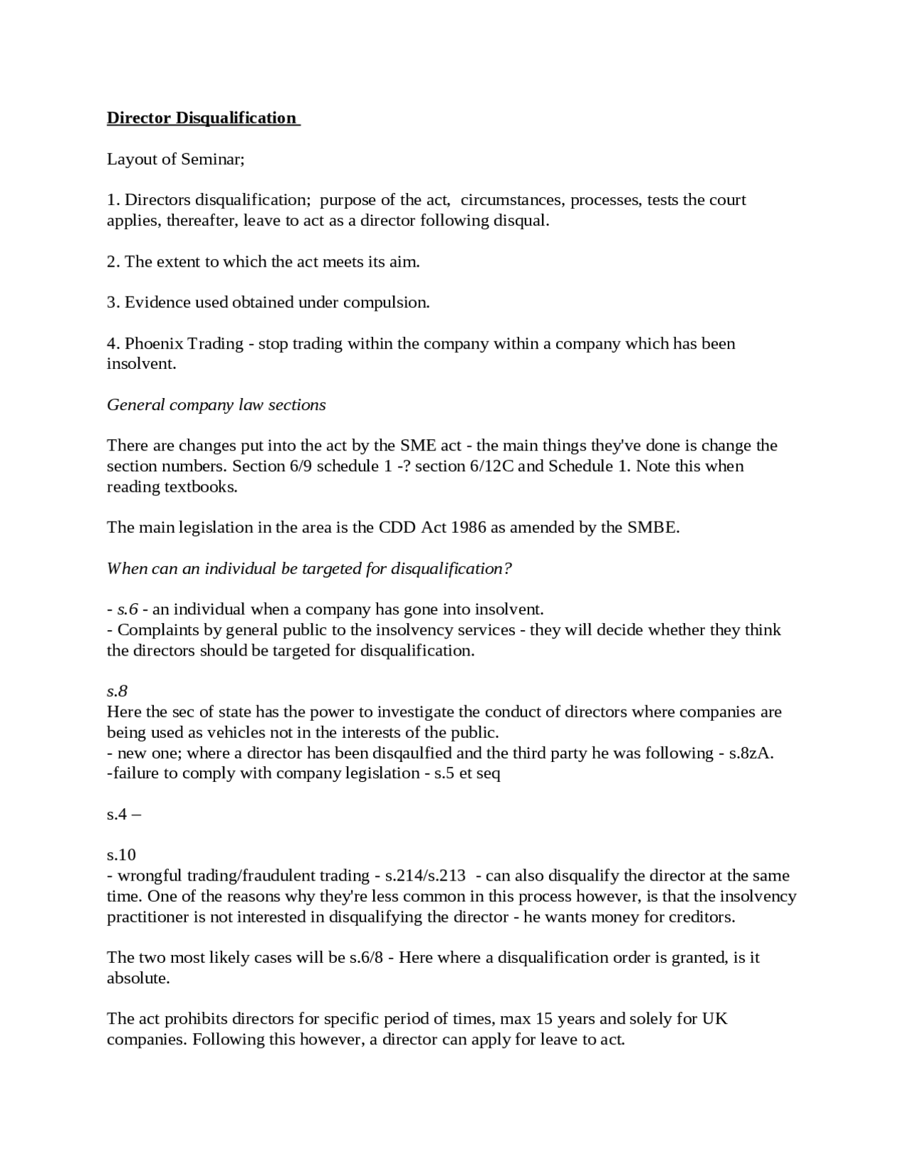 LAWS10083 Director Disqualification | Study notes Law | Docsity
