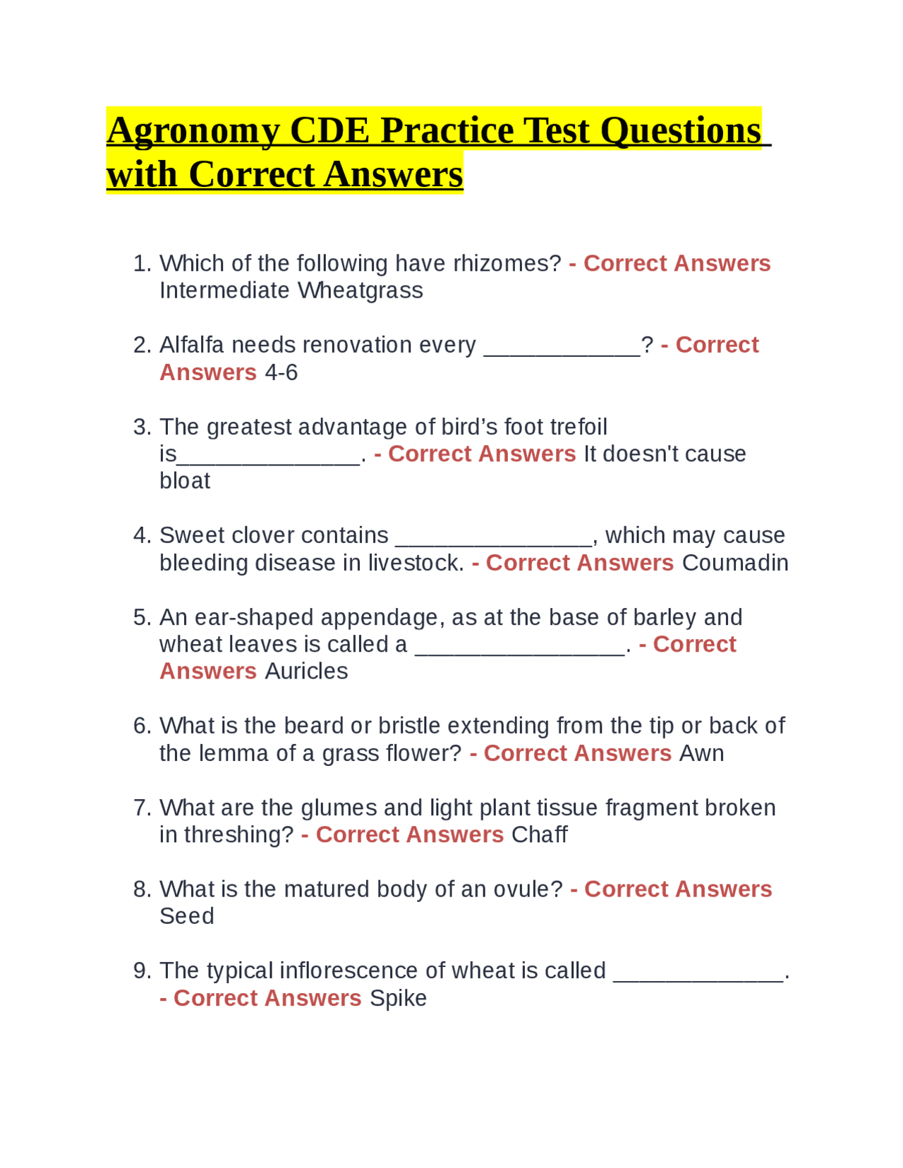 Agronomy CDE Practice Test Questions with Correct Answers | Exams ...