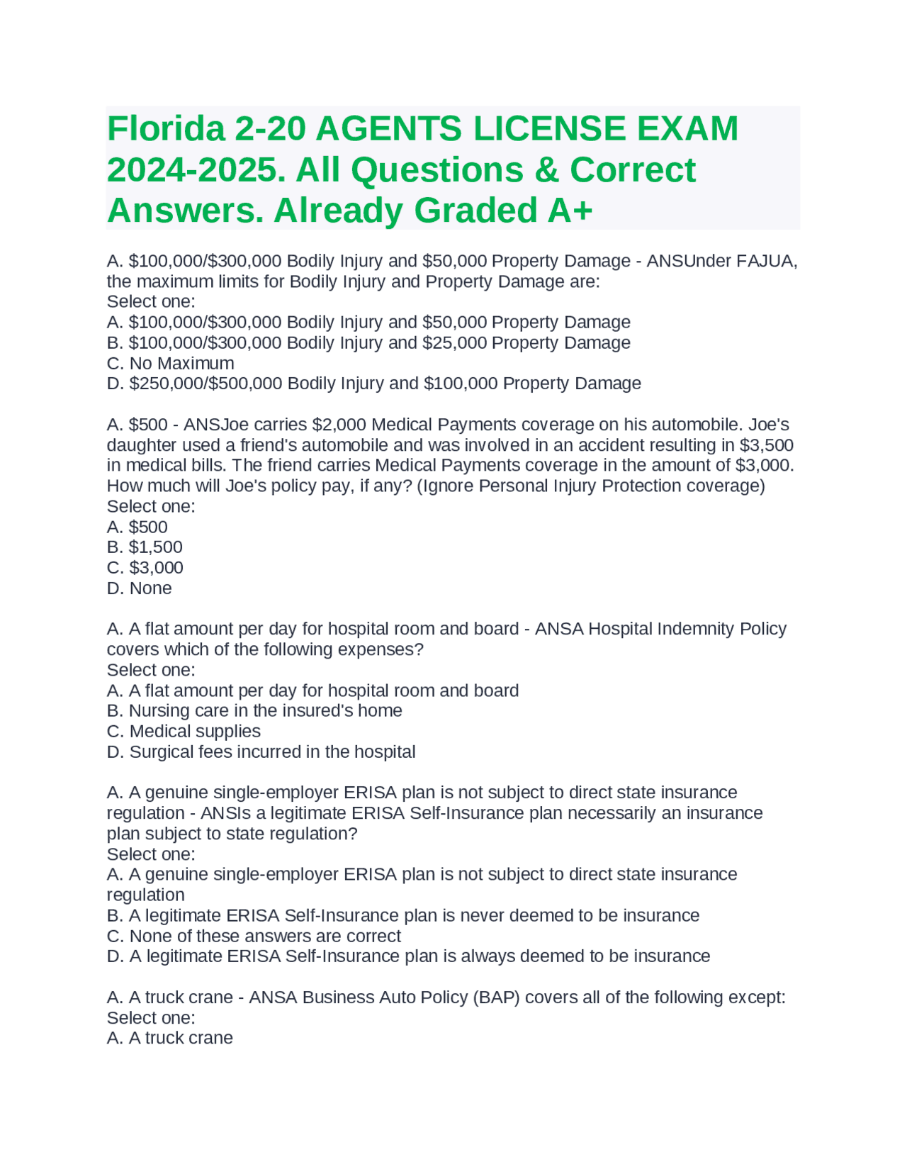 Florida 2-20 AGENTS LICENSE EXAM 2024-2025. All Questions & Correct ...