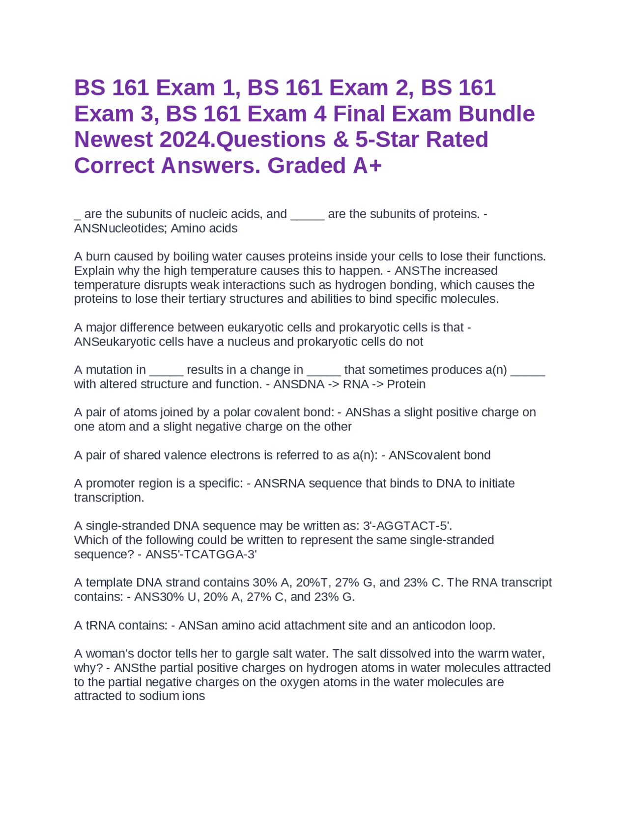 BS 161 Exam 1, BS 161 Exam 2, BS 161 Exam 3, BS 161 Exam 4 Final Exam ...