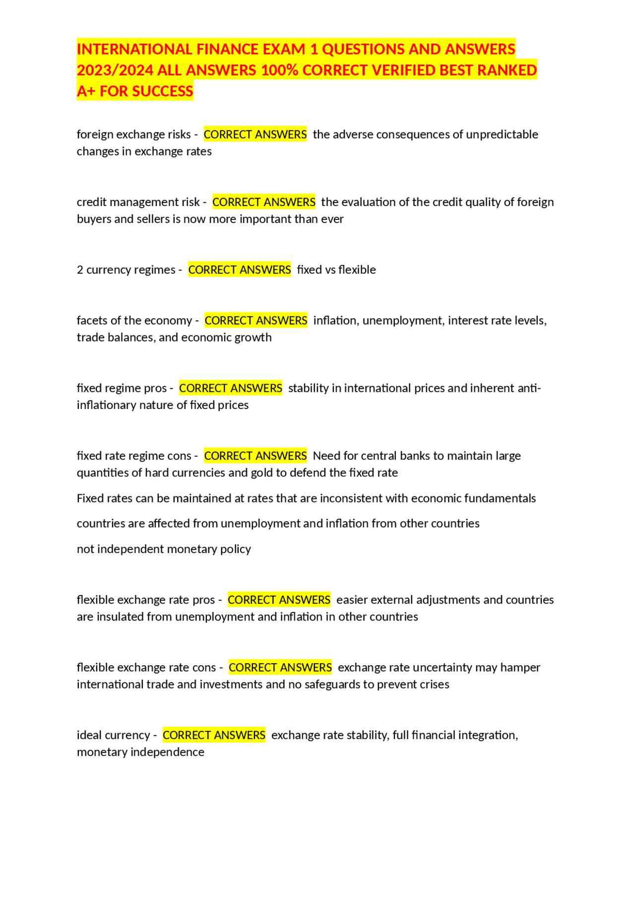 INTERNATIONAL FINANCE EXAM 1 QUESTIONS AND ANSWERS 2023/2024 ALL ...