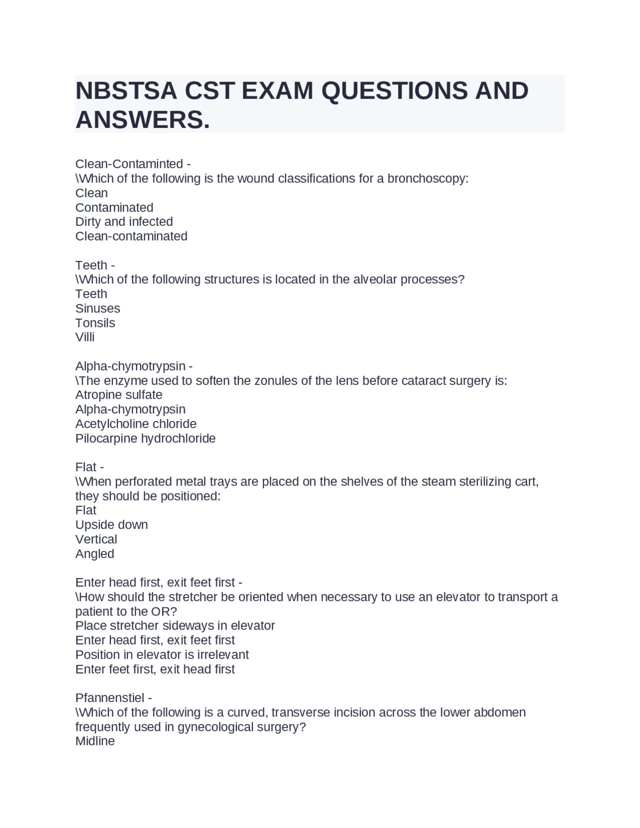 NBSTSA CST EXAM QUESTIONS AND ANSWERS. | Exams Medicine | Docsity