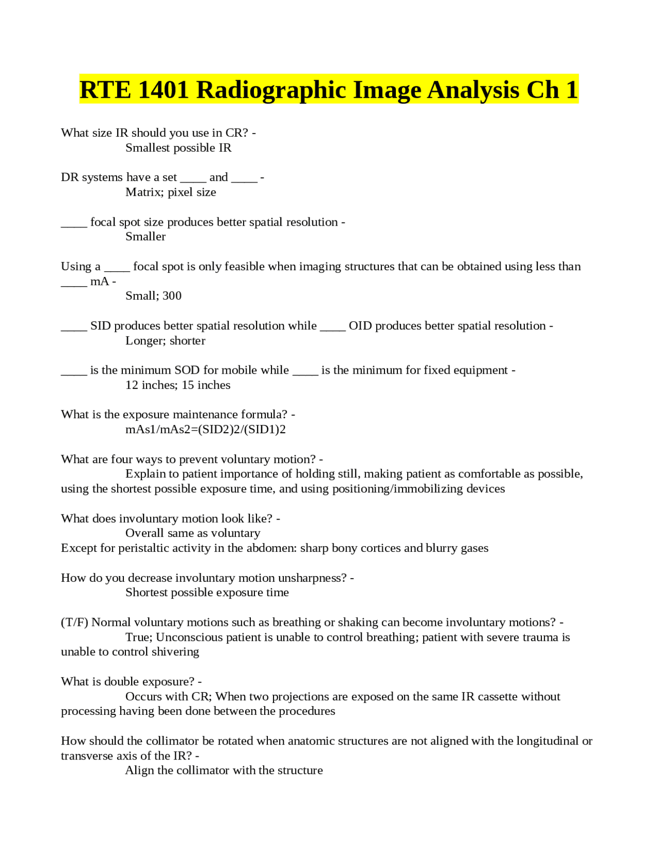 RTE 1401 Radiographic Image Analysis Ch 1 | Exams Radiography | Docsity