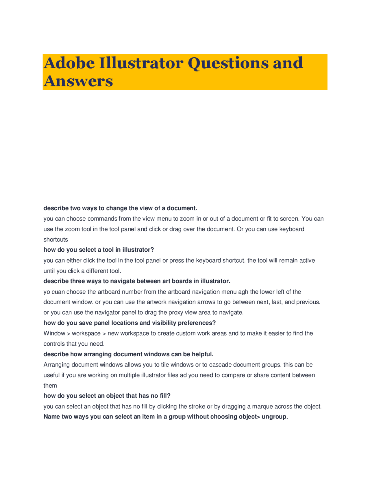 Adobe Illustrator Questions and Answers | Exams Computer Networks | Docsity