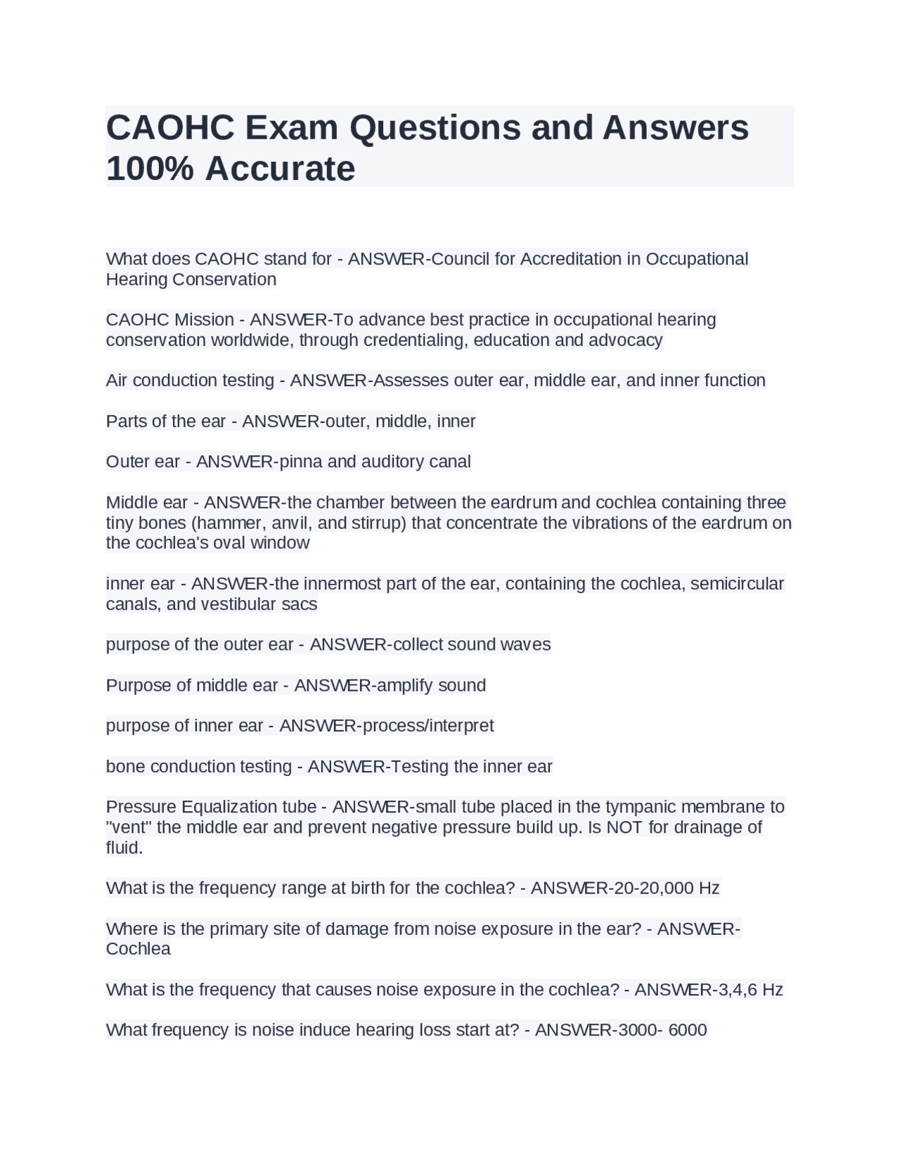 CAOHC Exam Questions and Answers 100% Accurate | Exams Noise Control ...