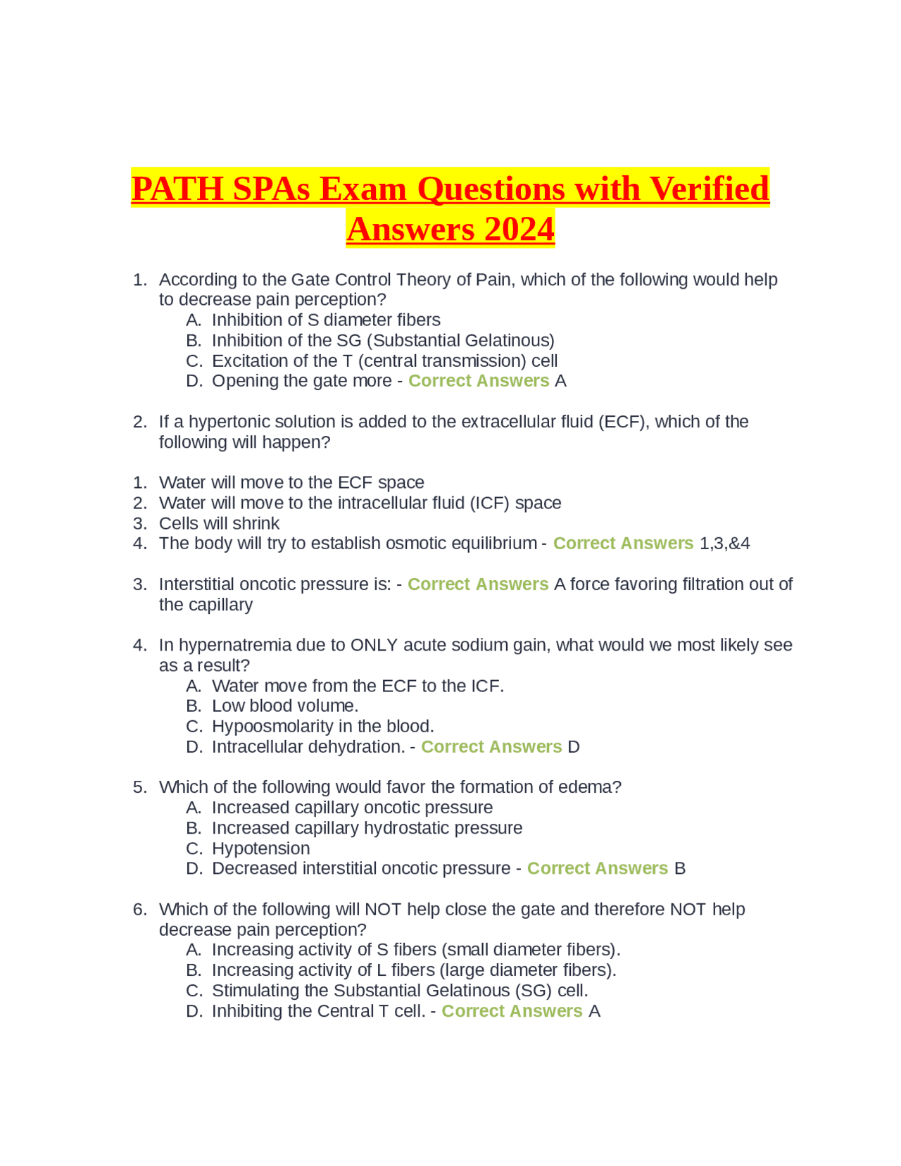 PATH SPAs Exam Questions with Verified Answers 2024 | Exams Nursing ...