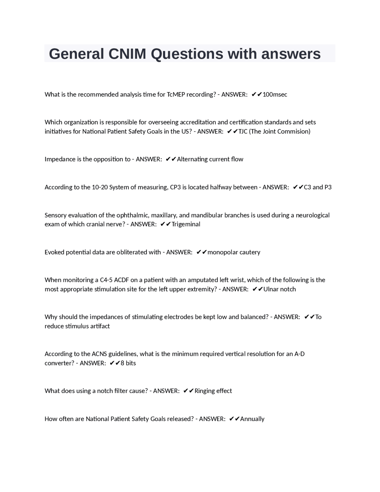 General CNIM Questions with answers | Exams Nursing | Docsity