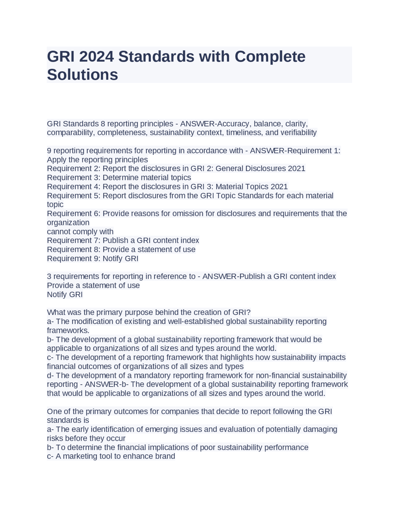 GRI 2024 Standards with Complete Solutions | Exams Marketing | Docsity