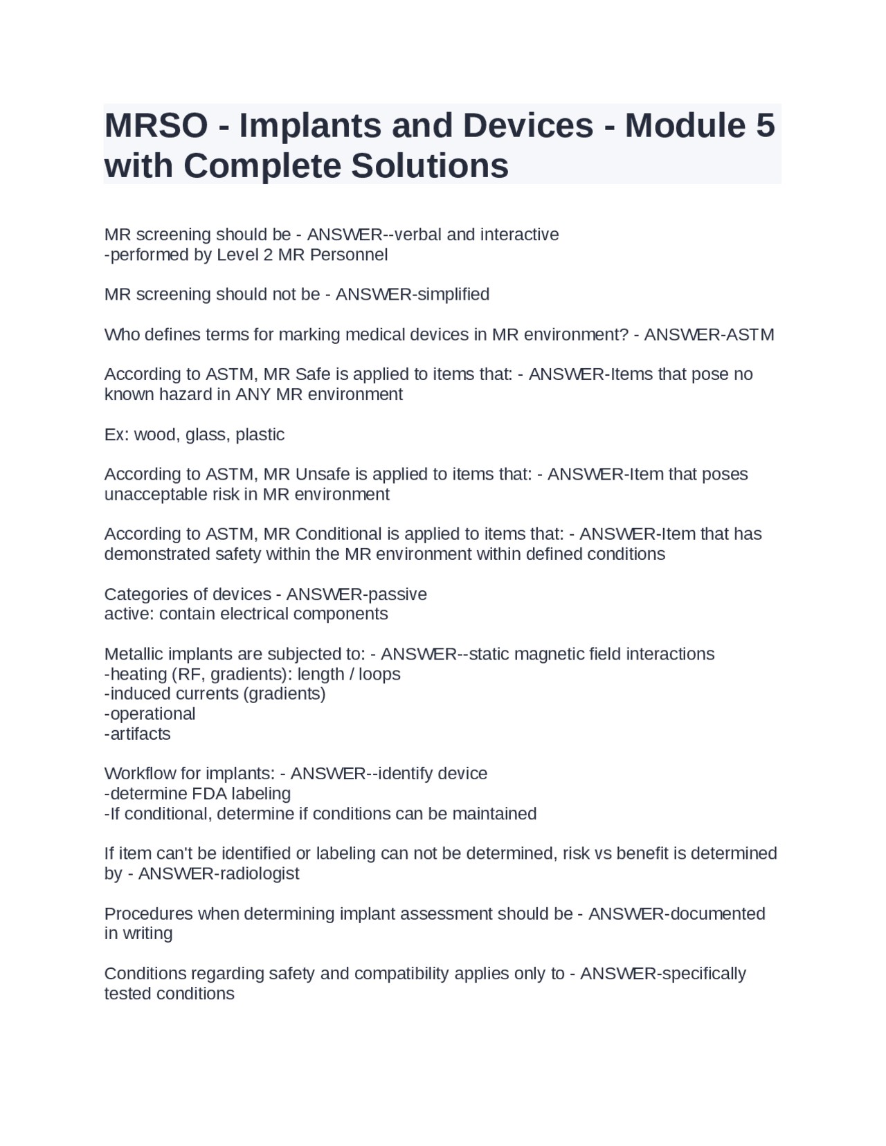 MRSO - Implants and Devices - Module 5 with Complete Solutions | Exams ...