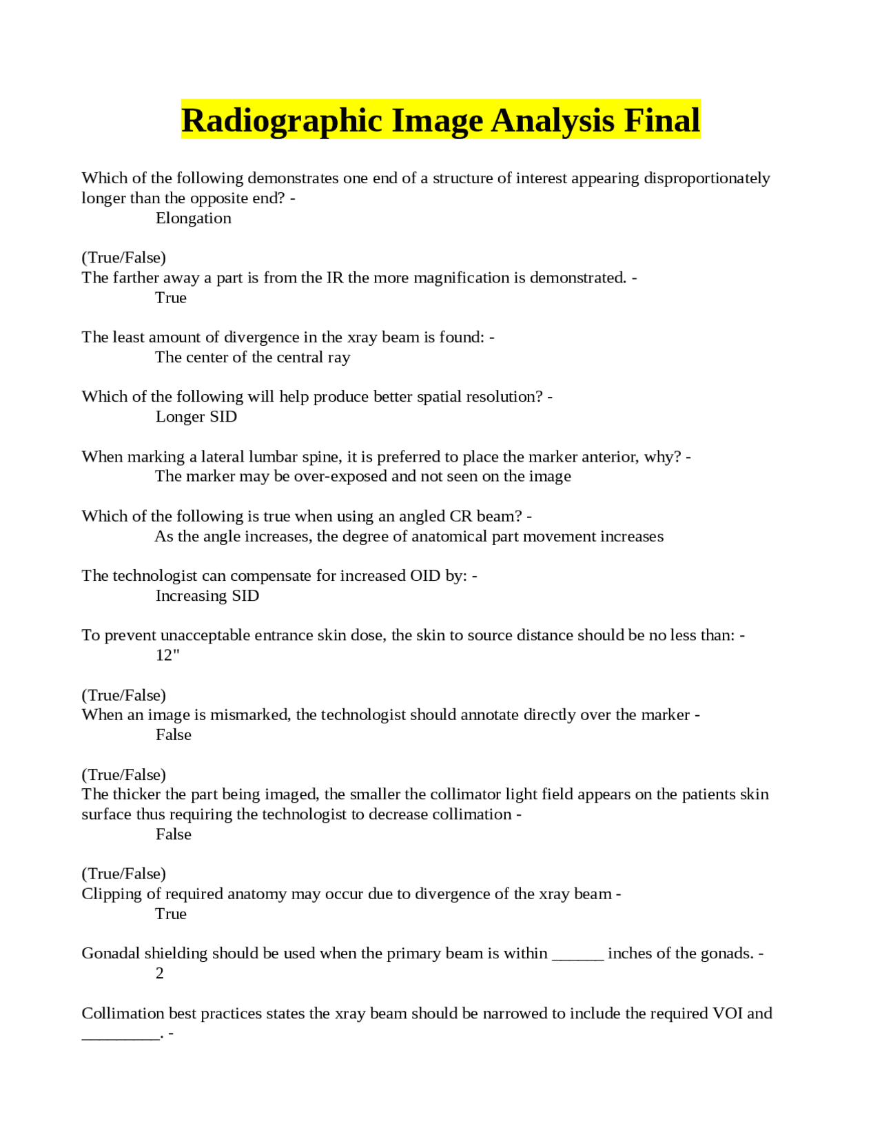 Radiographic Image Analysis Final | Exams Radiography | Docsity