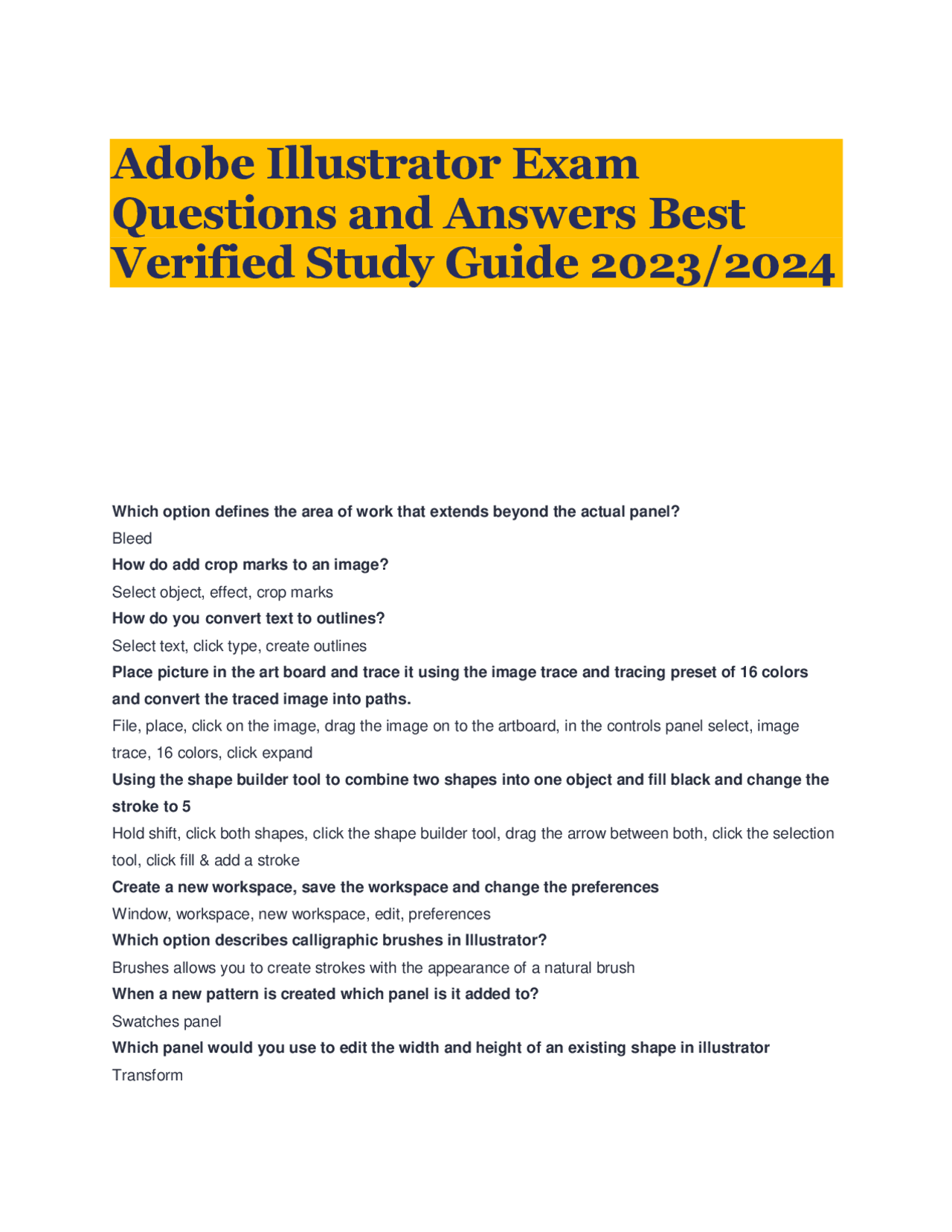 Adobe Illustrator Exam Questions and Answers Best Verified Study Guide ...