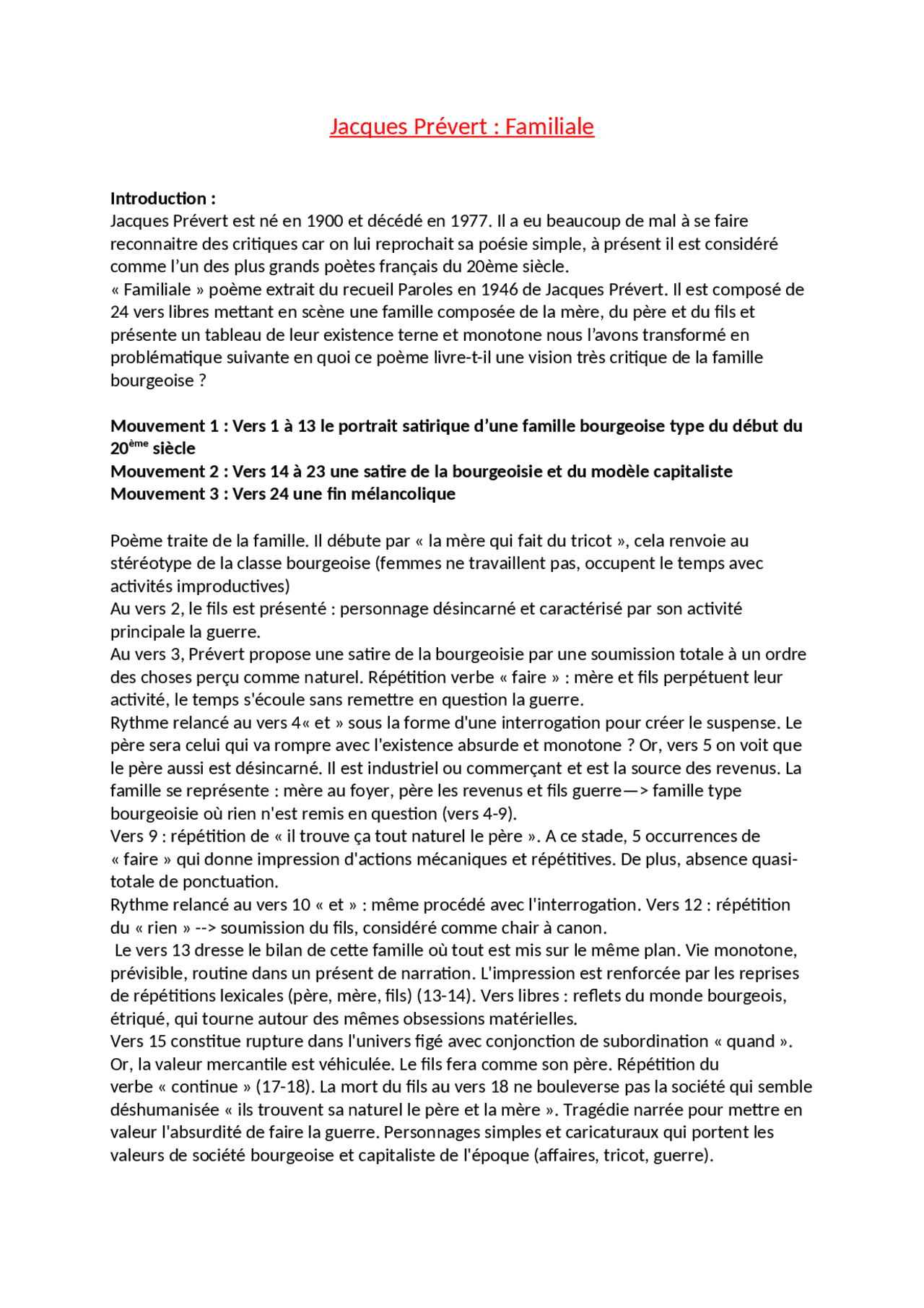 Analyse linéaire Familiale Jacques Prevert | Résumés Français | Docsity