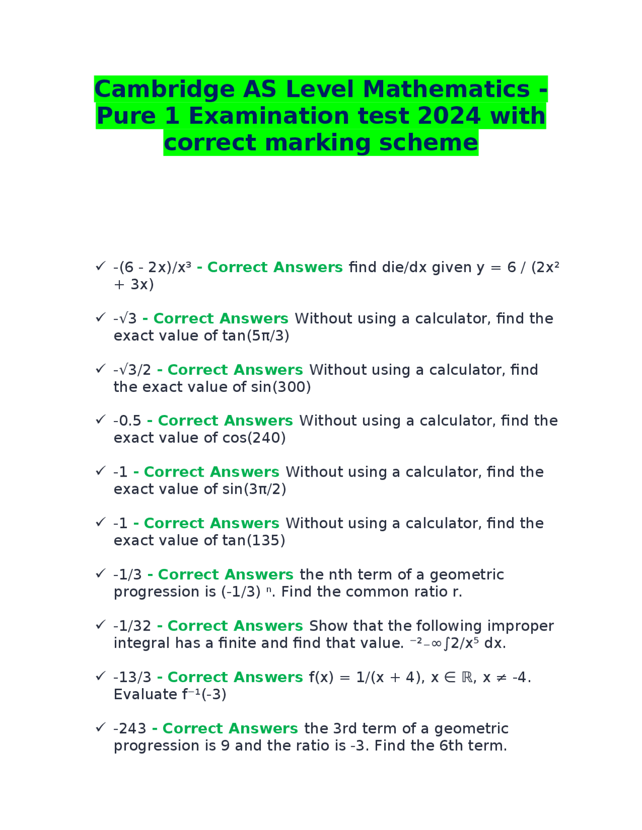 Cambridge AS Level Mathematics - Pure 1 Examination test 2024 with ...