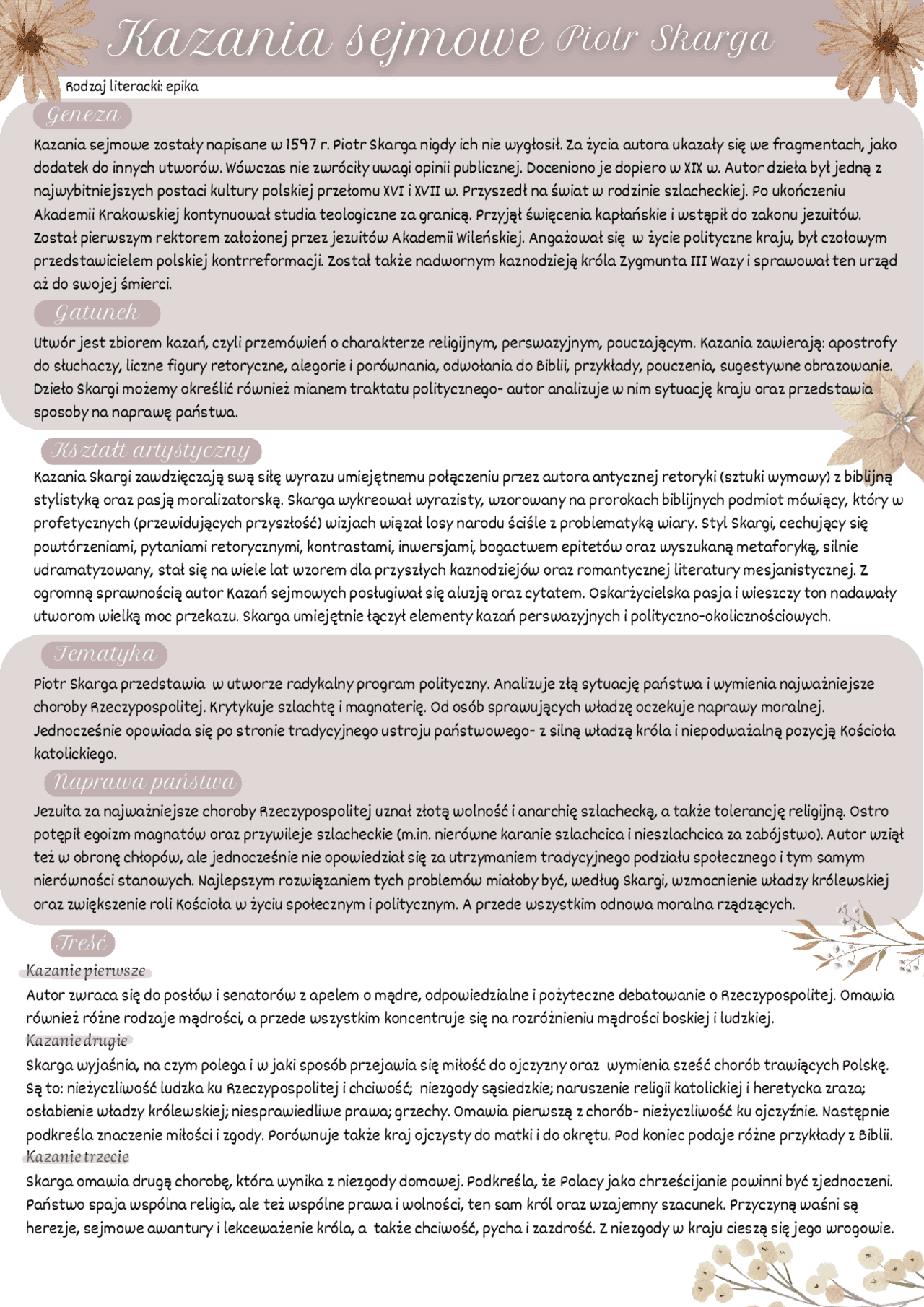 "Kazania sejmowe" Piotr Skarga | Notatki Język polski | Docsity