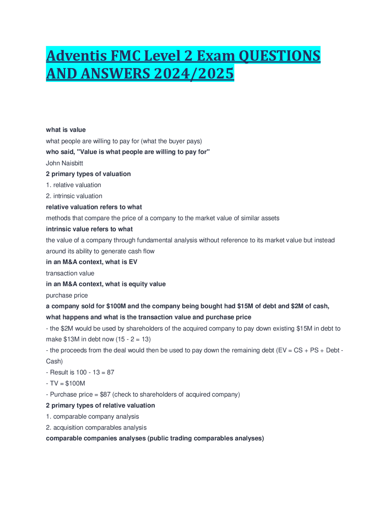 Adventis FMC Level 2 Exam QUESTIONS AND ANSWERS 2024/2025 | Exams ...