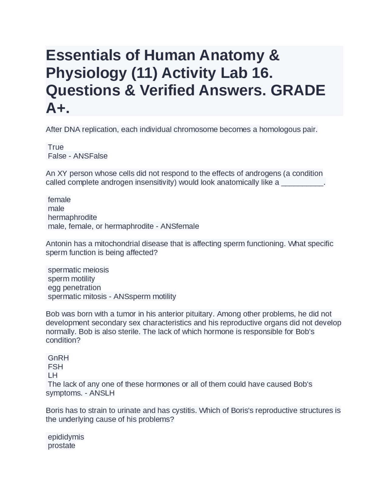 Essentials of Human Anatomy & Physiology (11) Activity Lab 16 | Exams ...