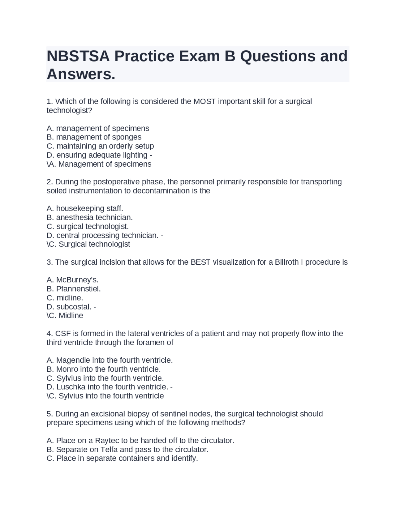 NBSTSA Practice Exam B Questions and Answers. | Exams Medicine | Docsity
