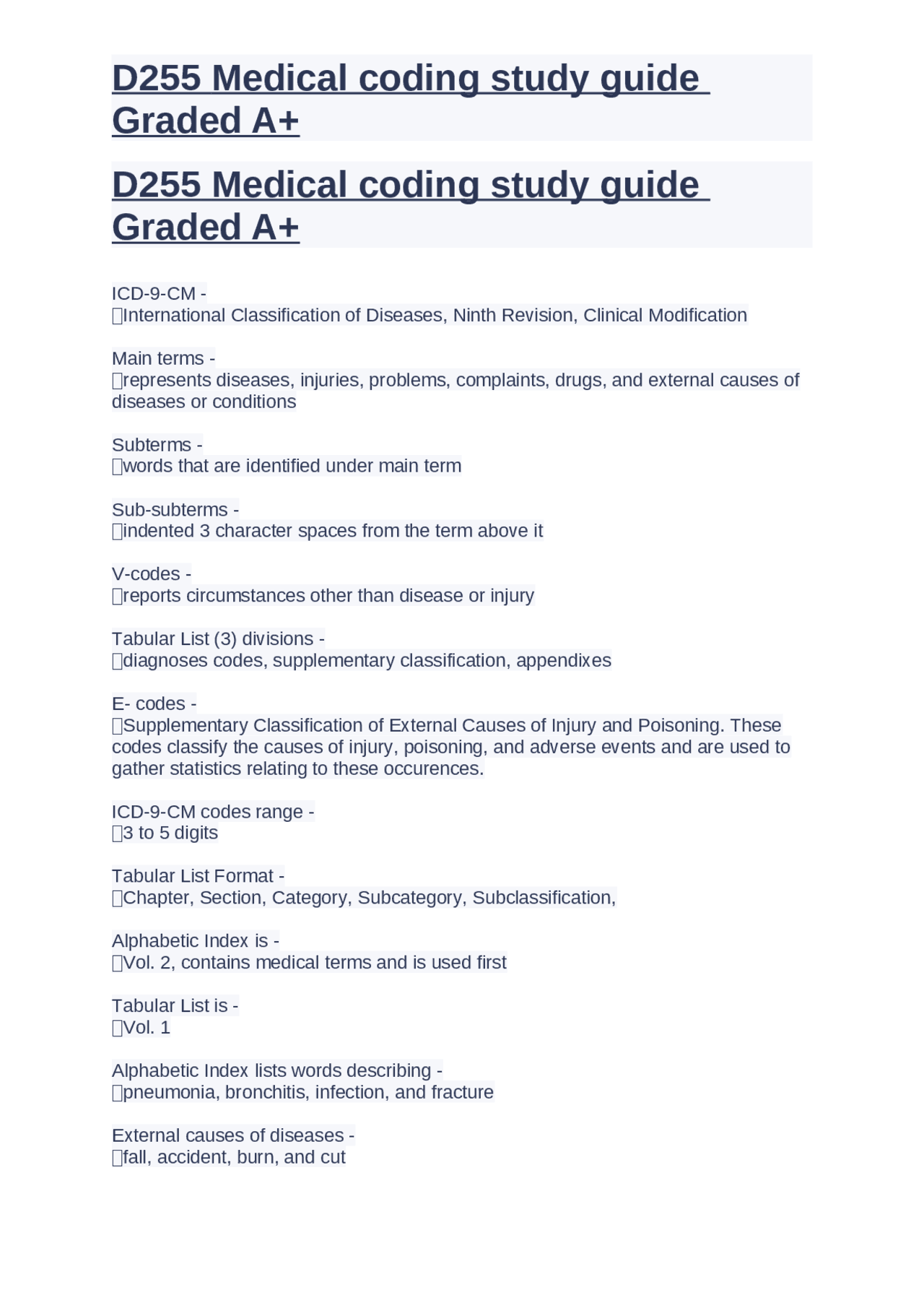 D255 Medical coding study guide | Exams Biomedicine | Docsity