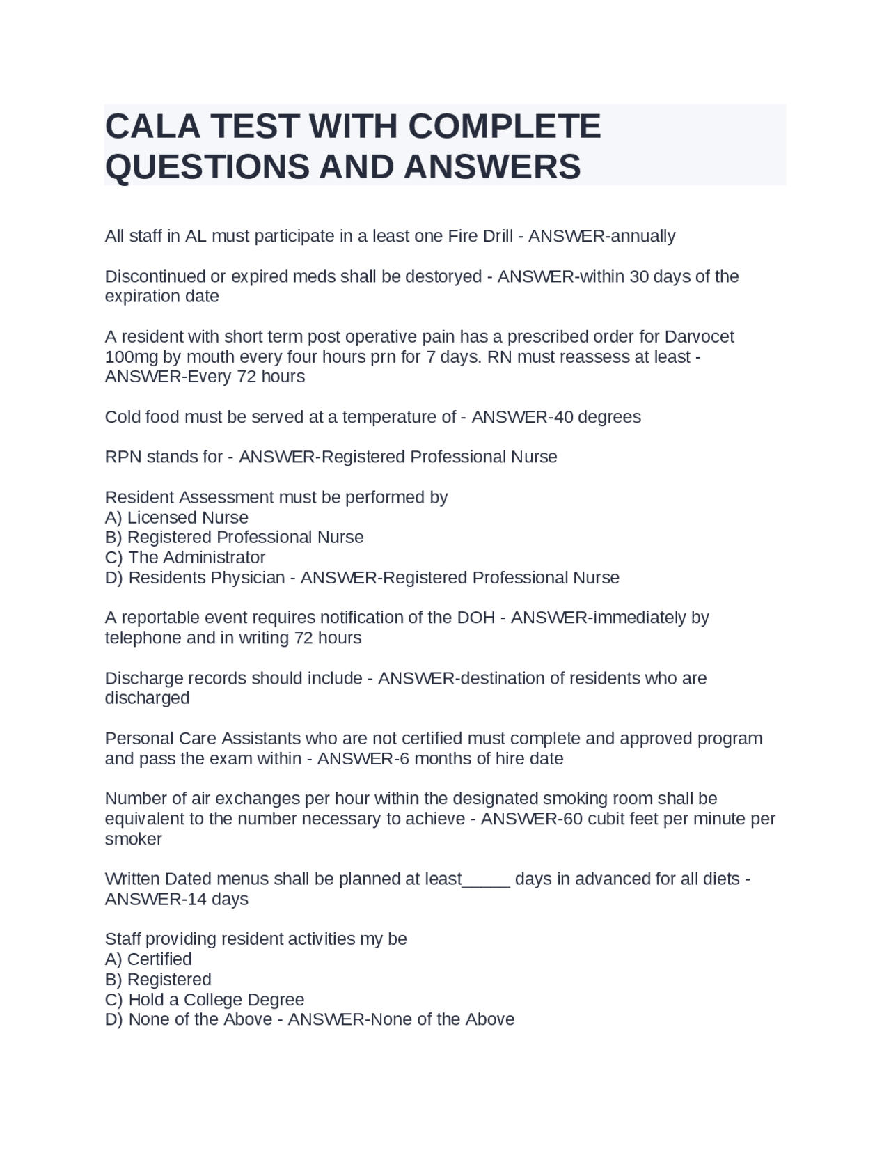 CALA TEST WITH COMPLETE QUESTIONS AND ANSWERS | Exams Public Health ...