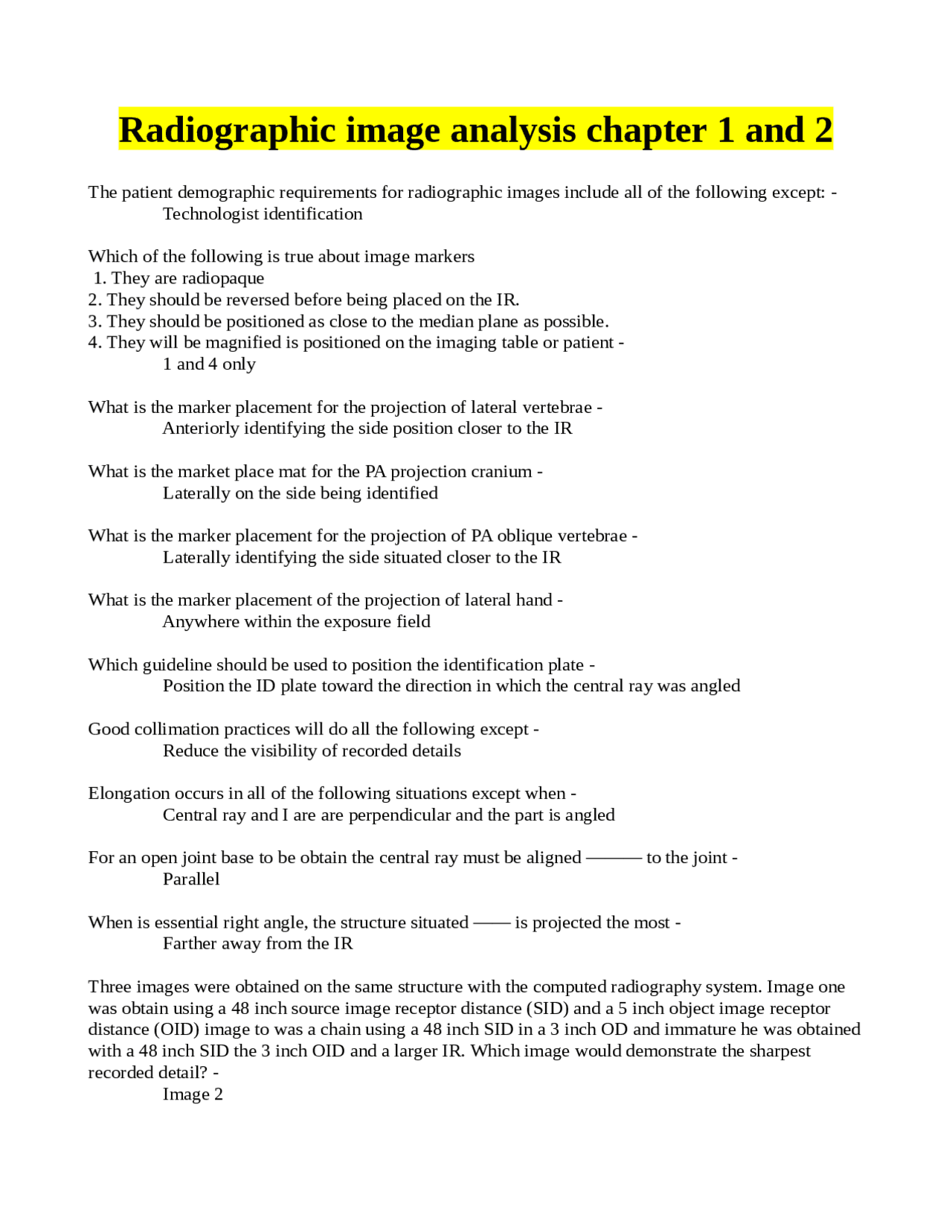 Radiographic image analysis chapter 1 and 2 | Exams Radiography | Docsity