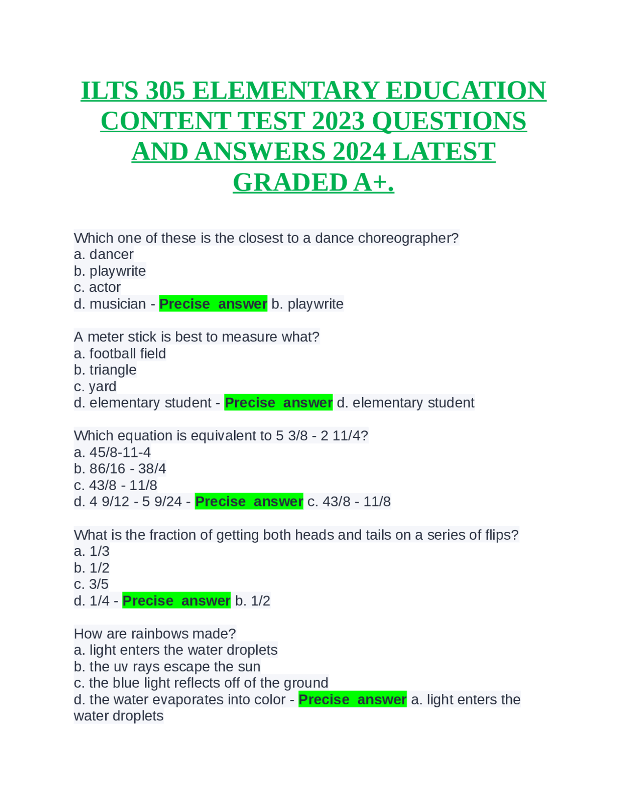 ILTS 305 Elementary Education Content Exam Questions ,Answers And ...