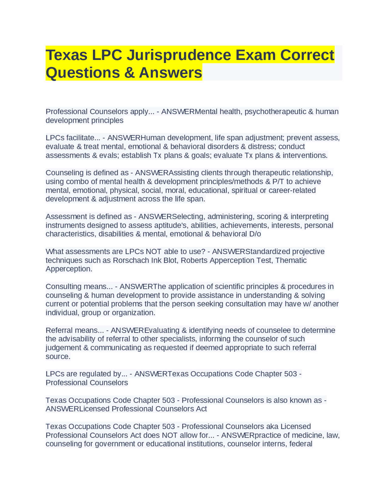 Texas LPC Jurisprudence Exam Correct Questions & Answers | Exams ...