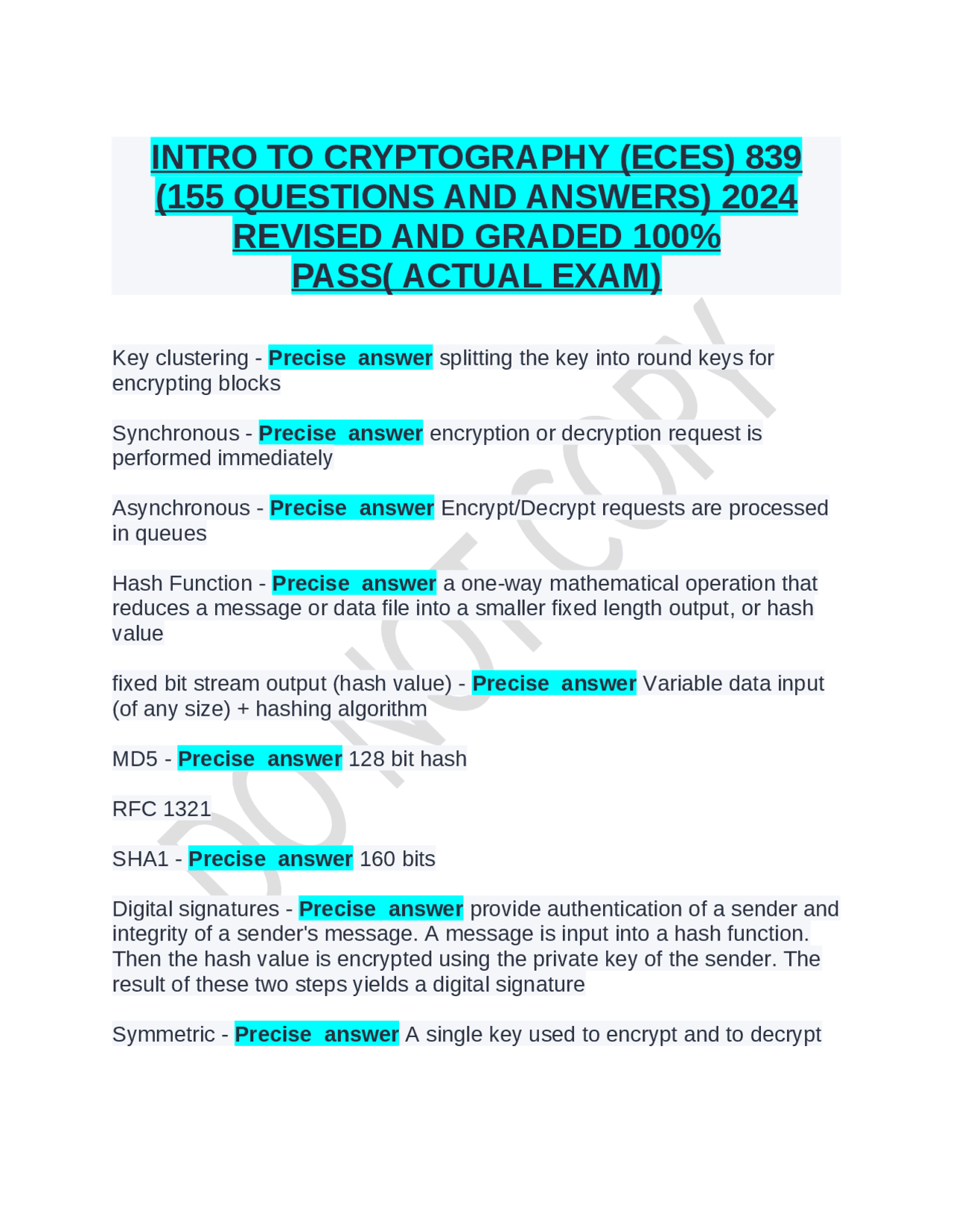 INTRO TO CRYPTOGRAPHY (ECES) 839 (155 QUESTIONS AND ANSWERS) 2024 REVISED AND GRADED 100% ...