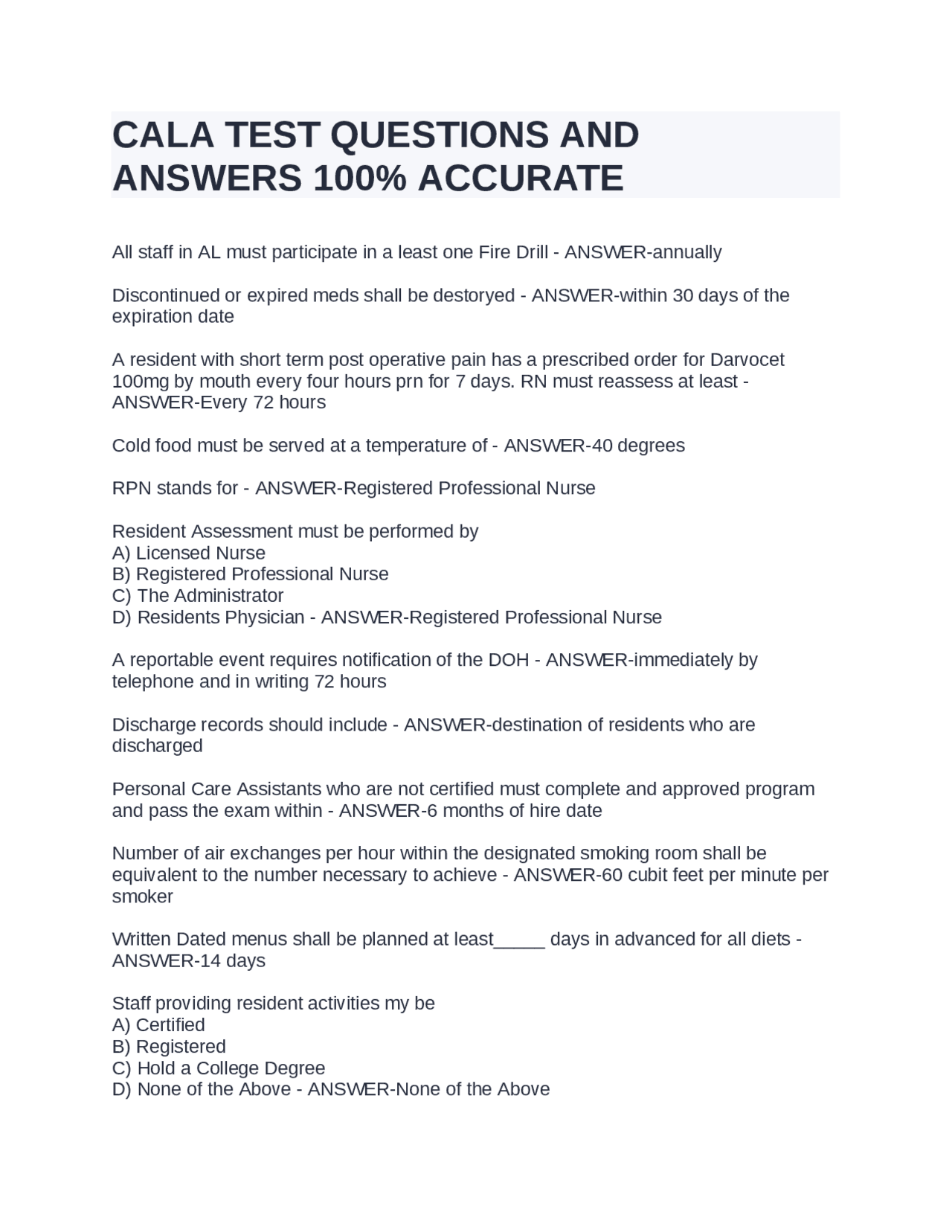 CALA TEST QUESTIONS AND ANSWERS 100% ACCURATE | Exams Public Health ...