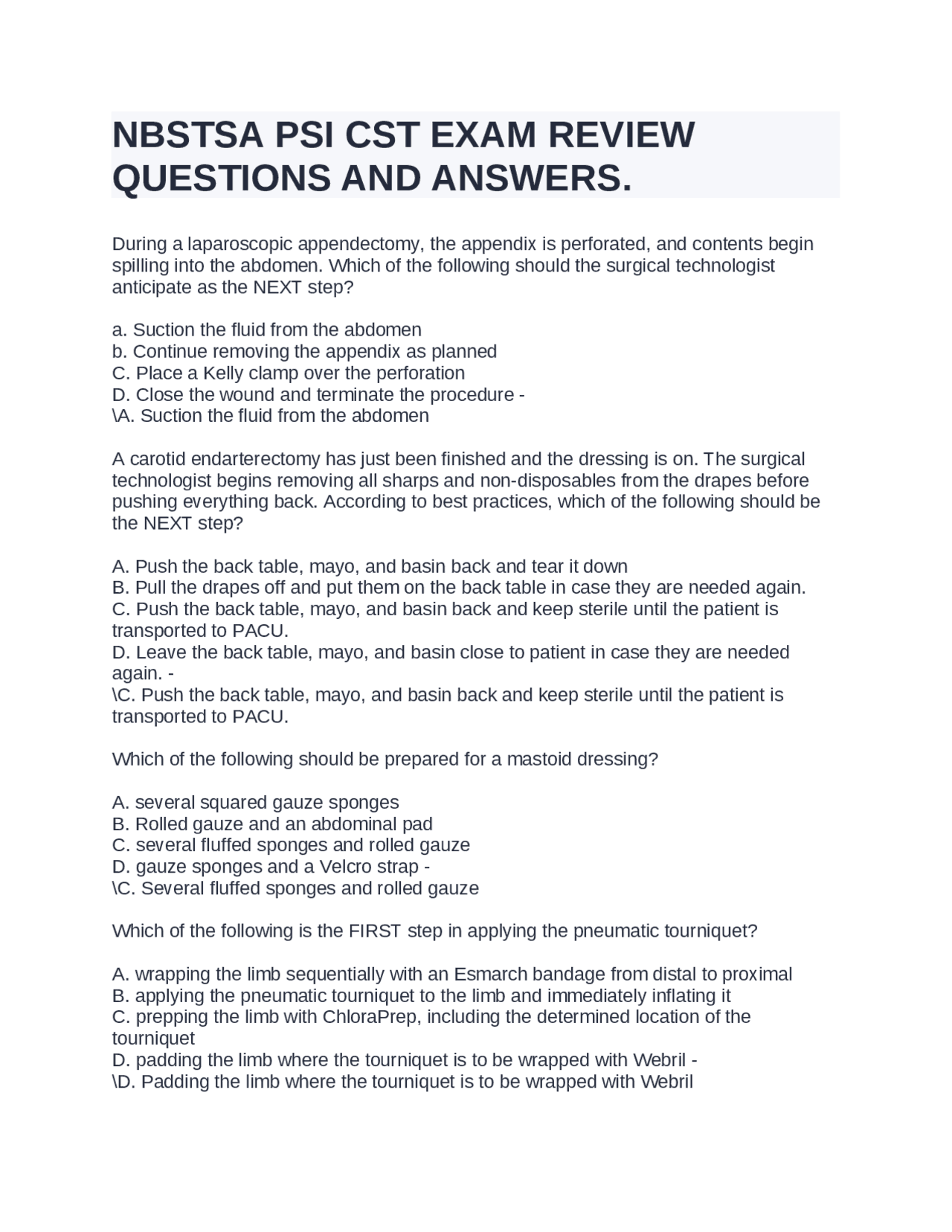 NBSTSA PSI CST EXAM REVIEW QUESTIONS AND ANSWERS | Exams Medicine | Docsity