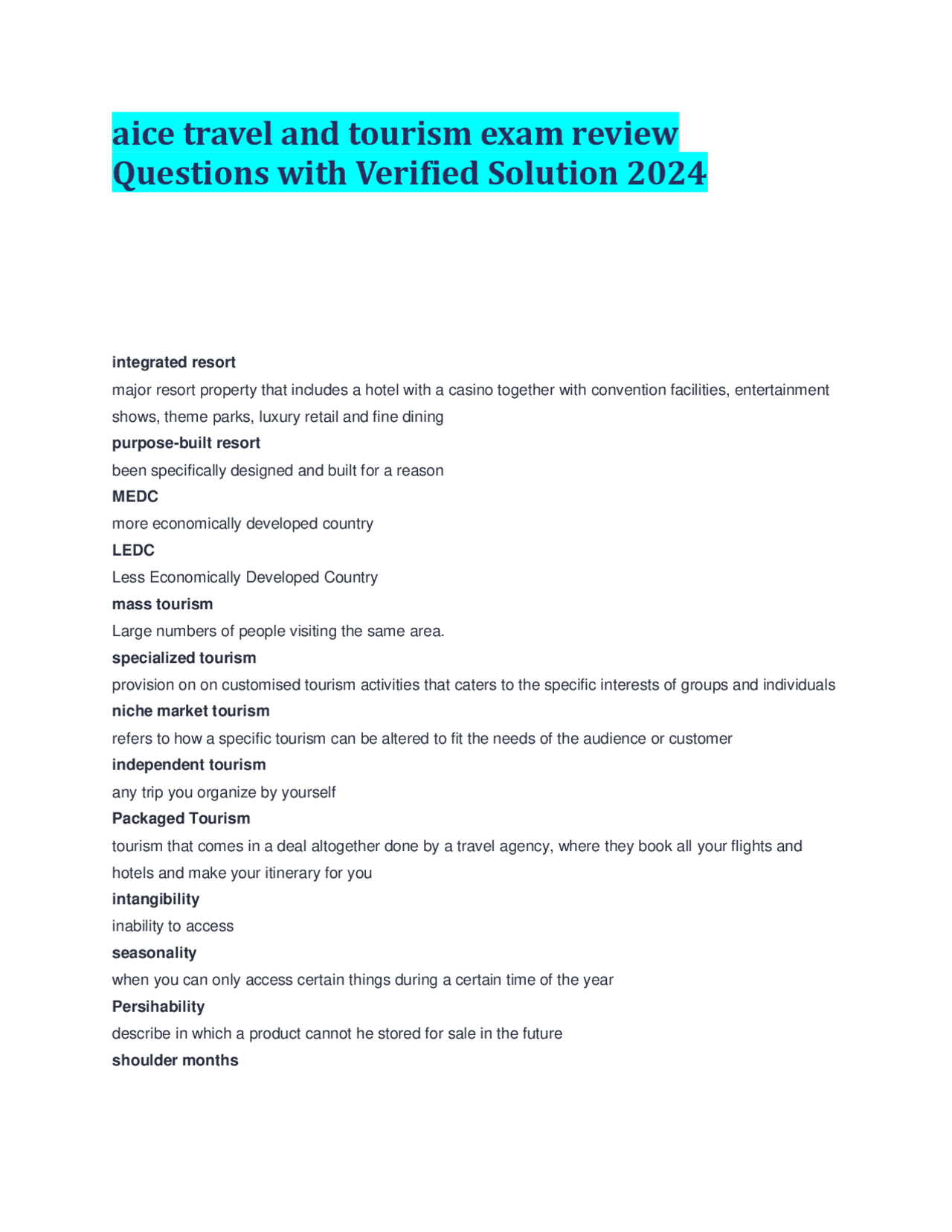 aice travel and tourism exam review Questions with Verified Solution ...
