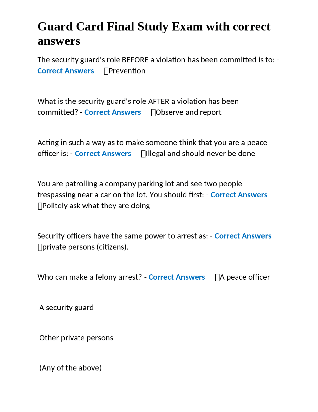 Guard Card Final Study Exam with correct answers | Exams Nursing | Docsity