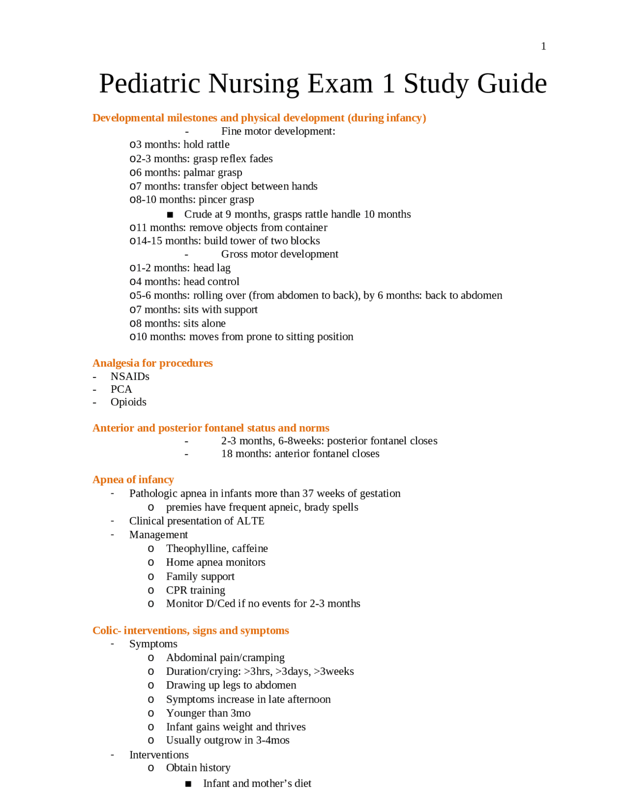 Pediatric Nursing Exam 1 Study Guide | Exams Nursing | Docsity