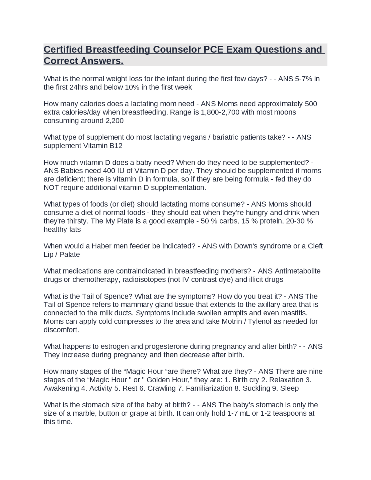 Certified Breastfeeding Counselor PCE Exam Questions and Correct ...