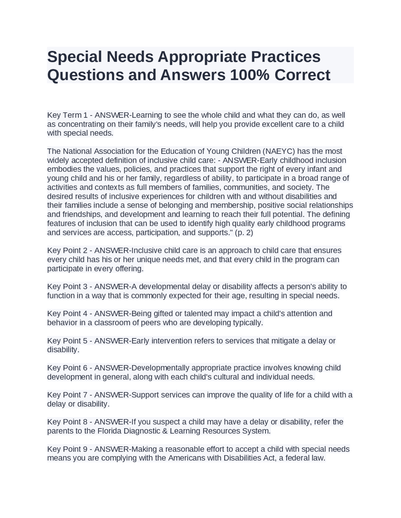 Special Needs Appropriate Practices Questions and Answers 100% Correct ...