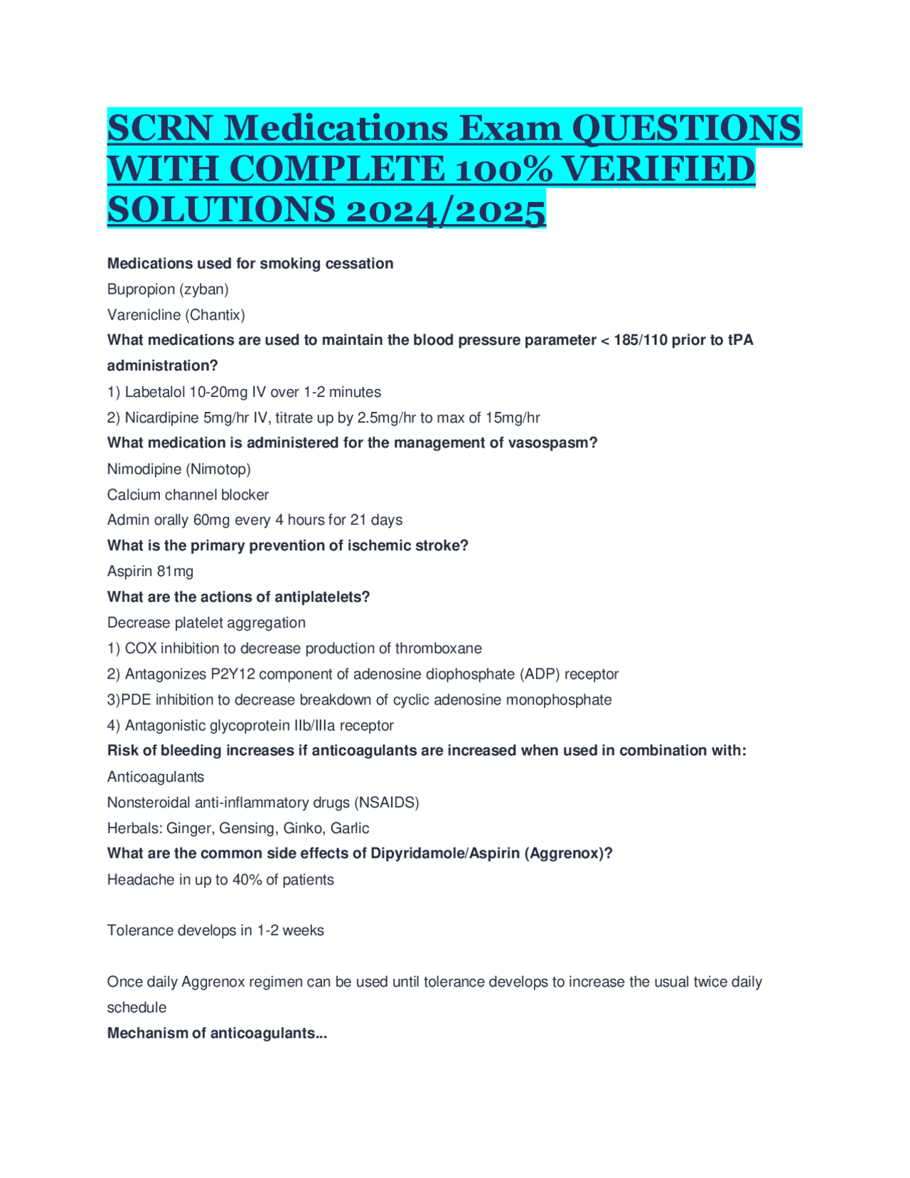 SCRN Medications Exam QUESTIONS WITH COMPLETE 100% VERIFIED SOLUTIONS ...