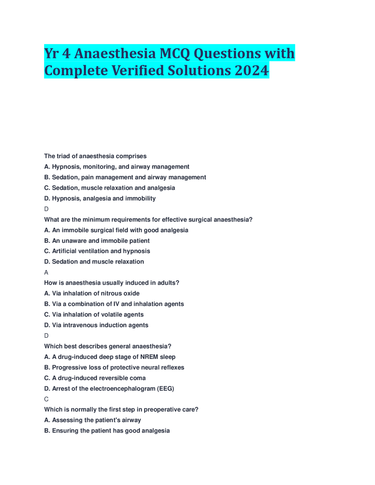 Yr 4 Anaesthesia MCQ Questions with Complete Verified Solutions 2024 ...