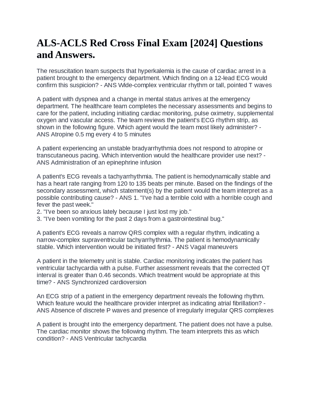 ALS-ACLS Red Cross Final Exam [2024] Questions and Answers. | Exams ...